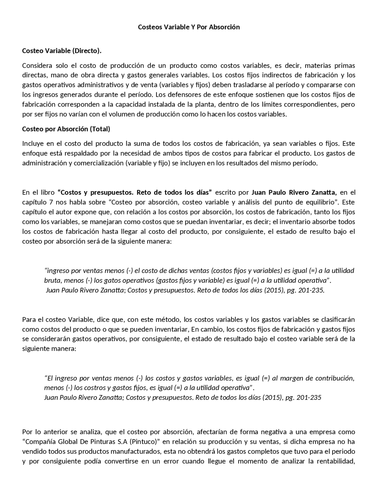 Análisis Sobre Los Costos Variables Y Absorbentes Resúmenes De