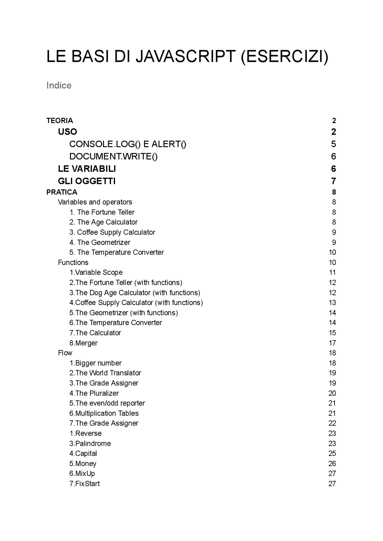Javascript - esercizi svolti (it/eng) | Dispense di Sviluppo di Applicazioni Web | Docsity