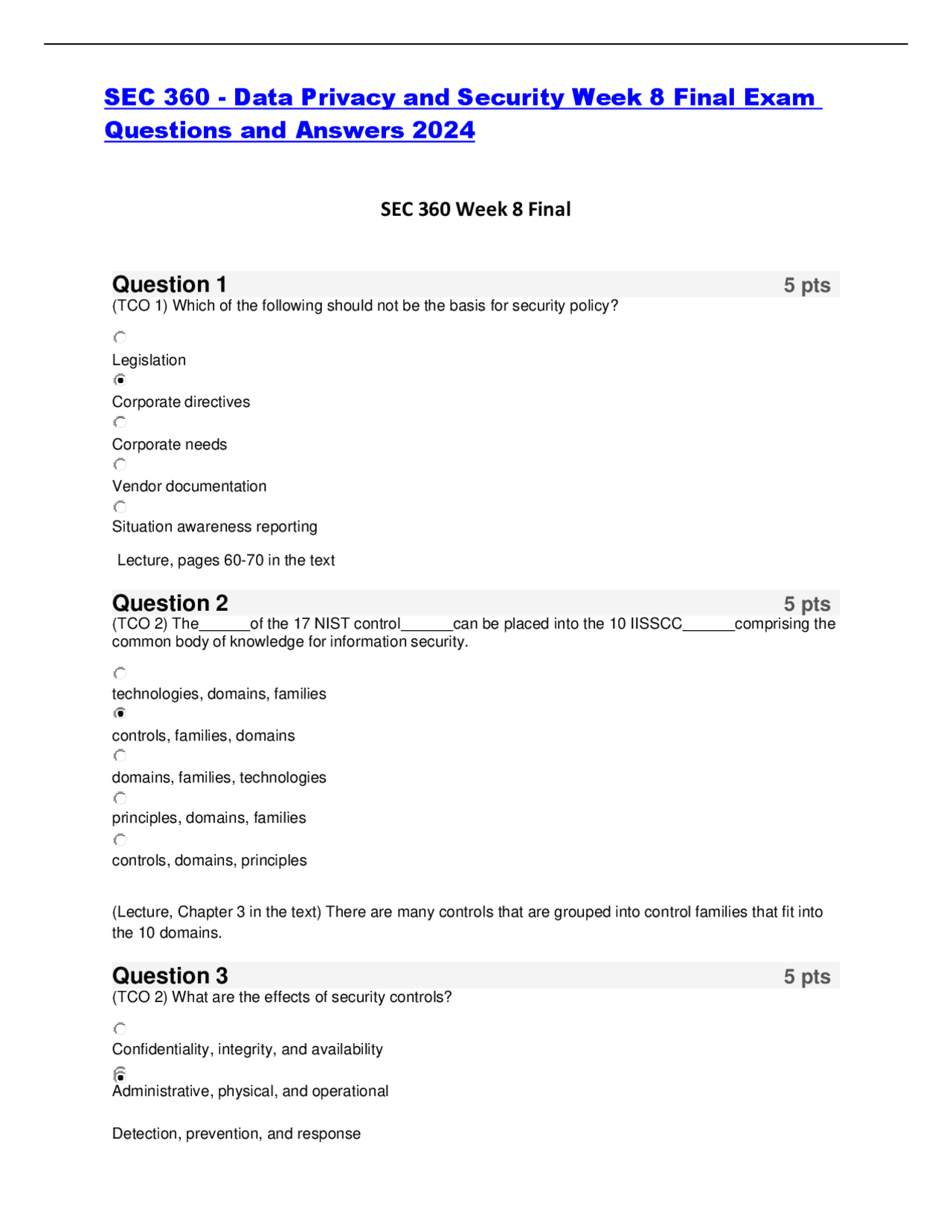 SEC 360 - Data Privacy and Security Week 8 Final Exam Questions and Answers 2024 | Exams ...