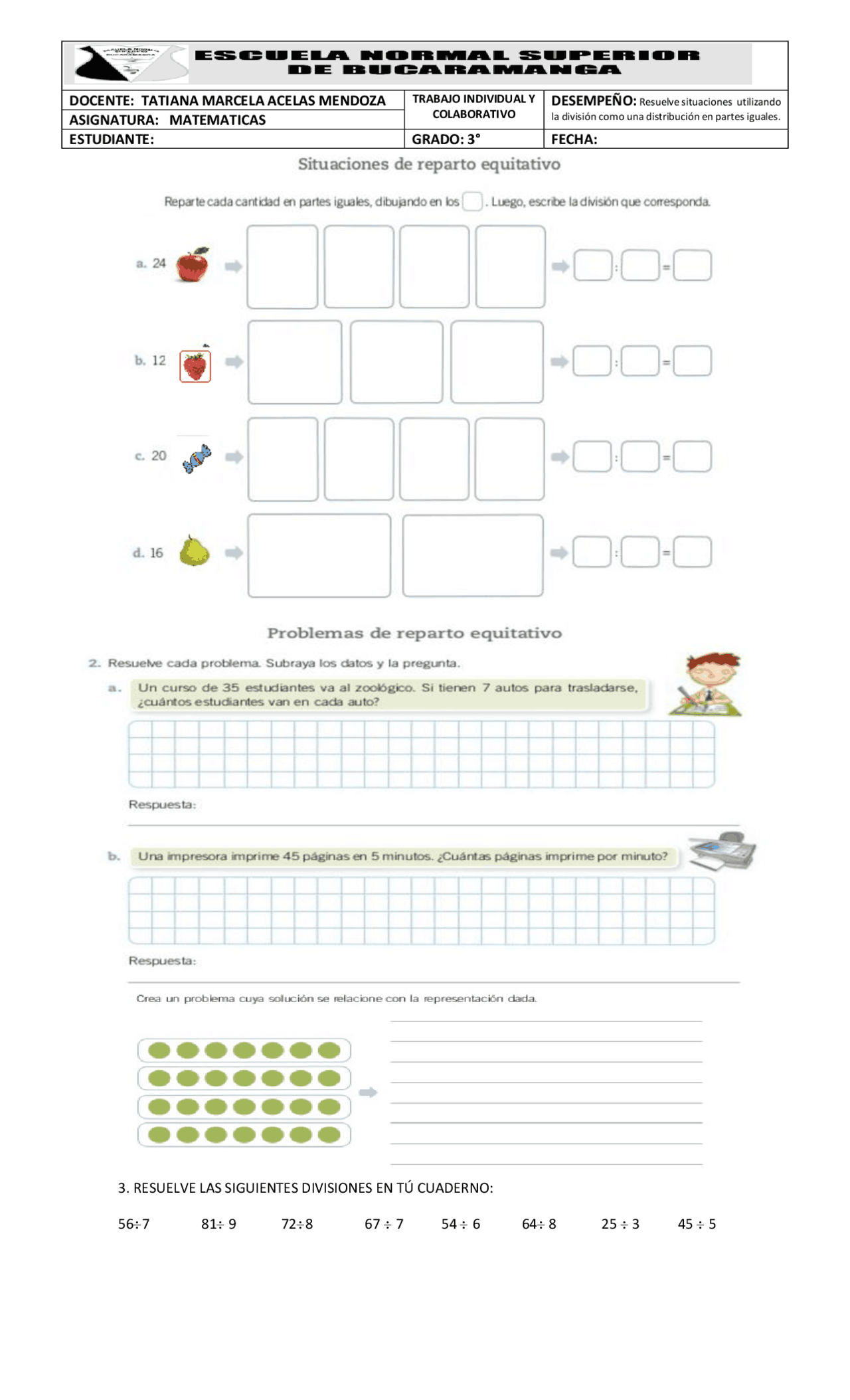 la division como repartos iguales | Guías, Proyectos, Investigaciones de Matemáticas | Docsity
