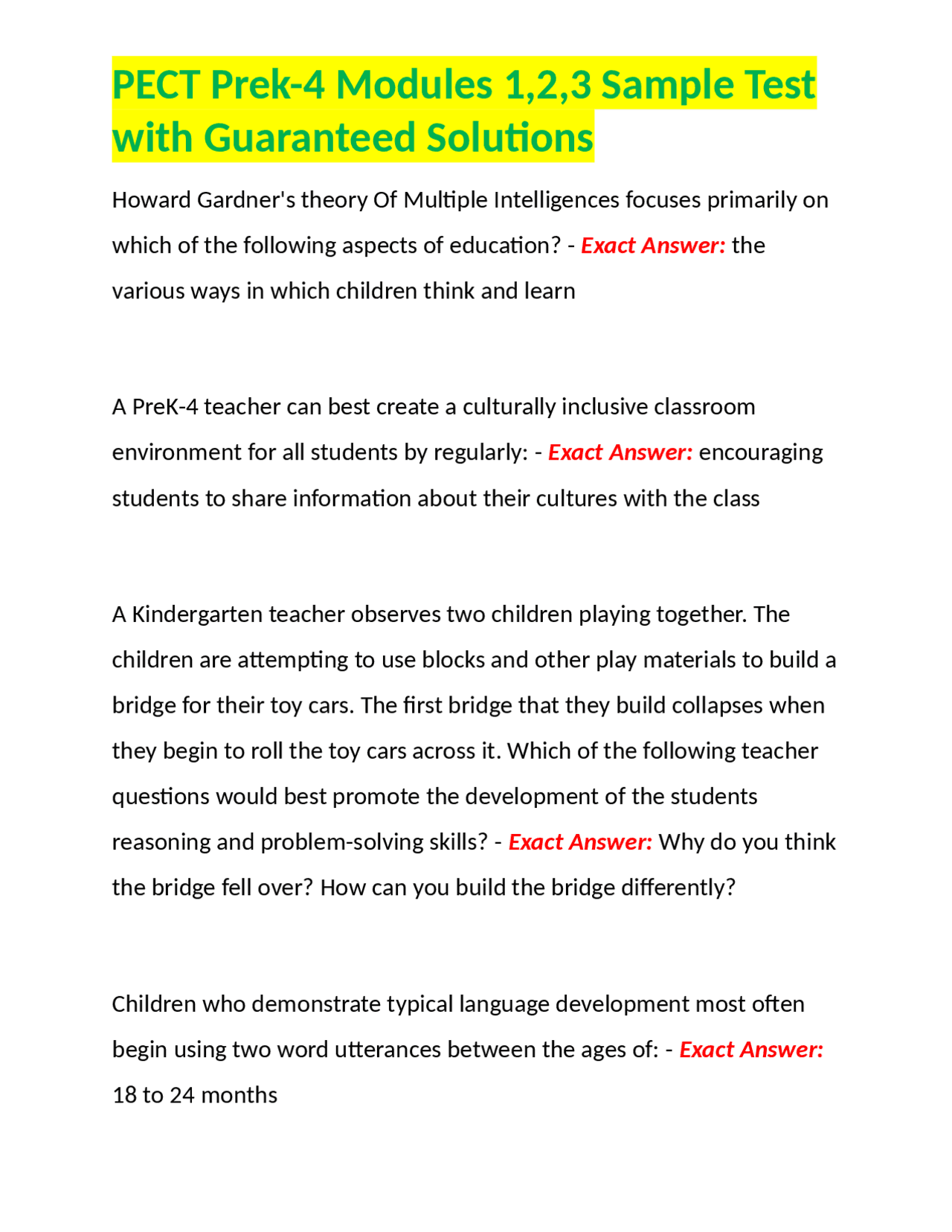 PECT Prek-4 Modules 1,2,3 Sample Test with Guaranteed Solutions | Exams ...