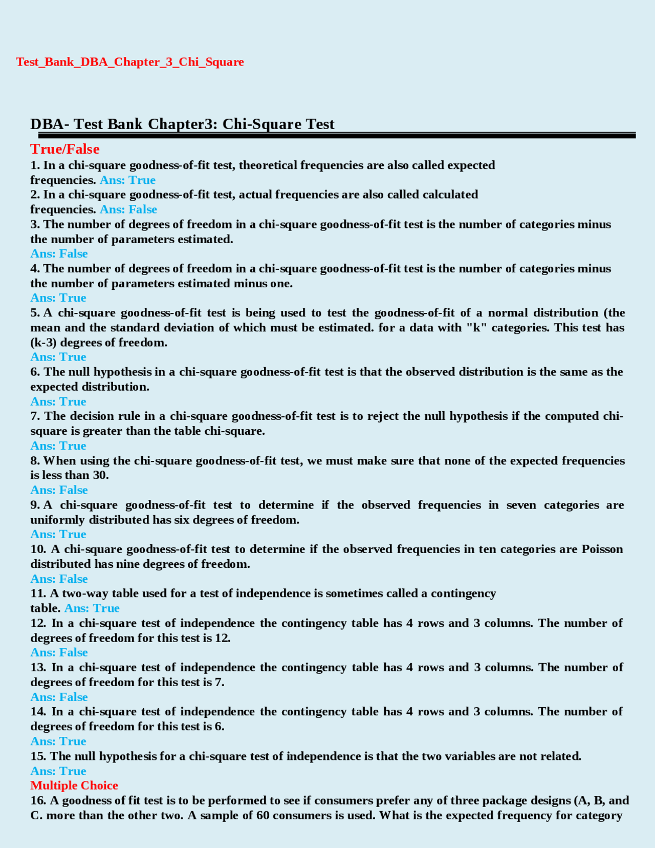 Testbankdbachapter3chisquare Exams Business Strategy Docsity 