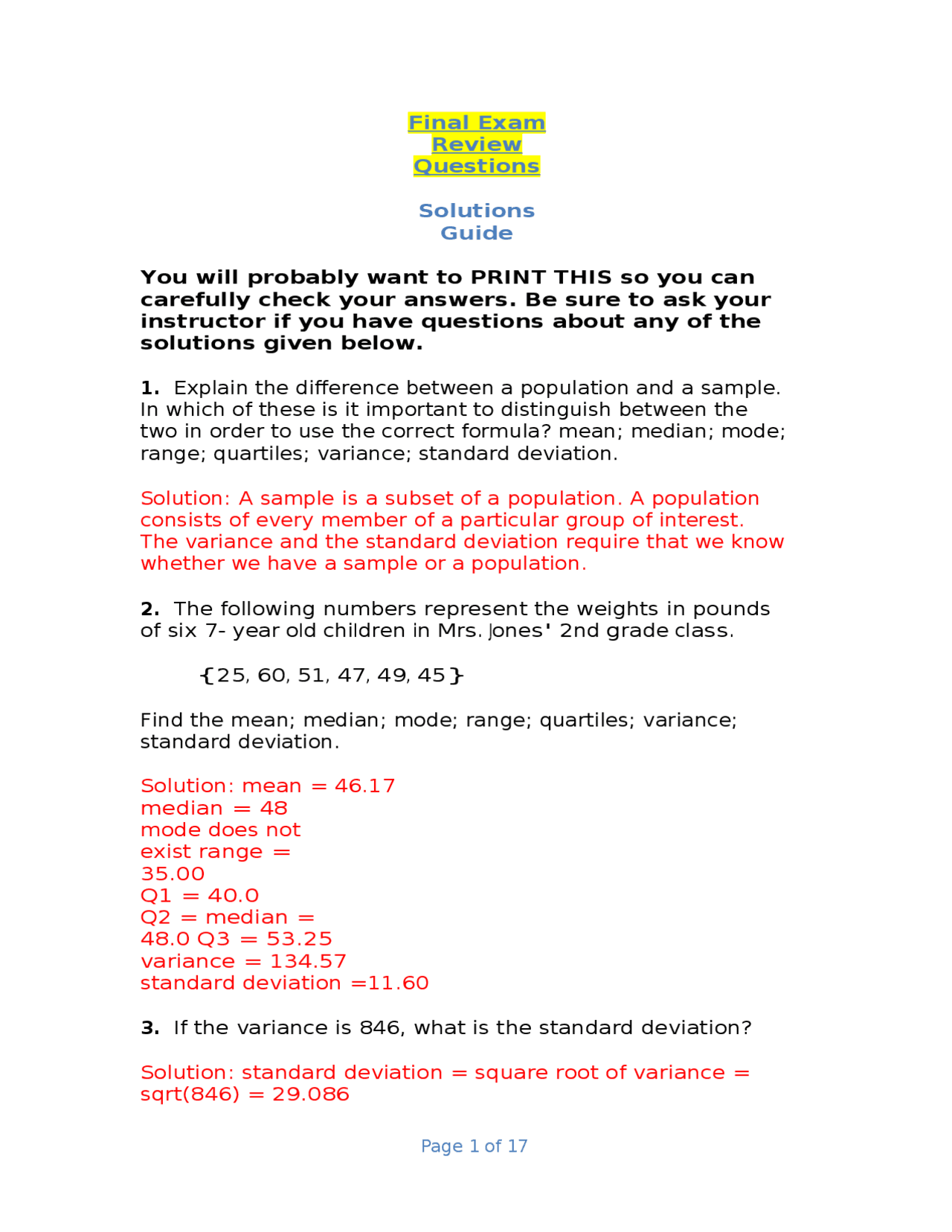 Final Exam Review Questions Solutions Guide Exams Nursing Docsity