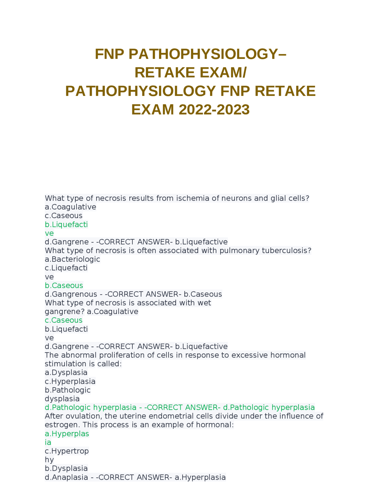 FNP PATHOPHYSIOLOGY– RETAKE EXAM/ PATHOPHYSIOLOGY FNP RETAKE EXAM 2022 ...