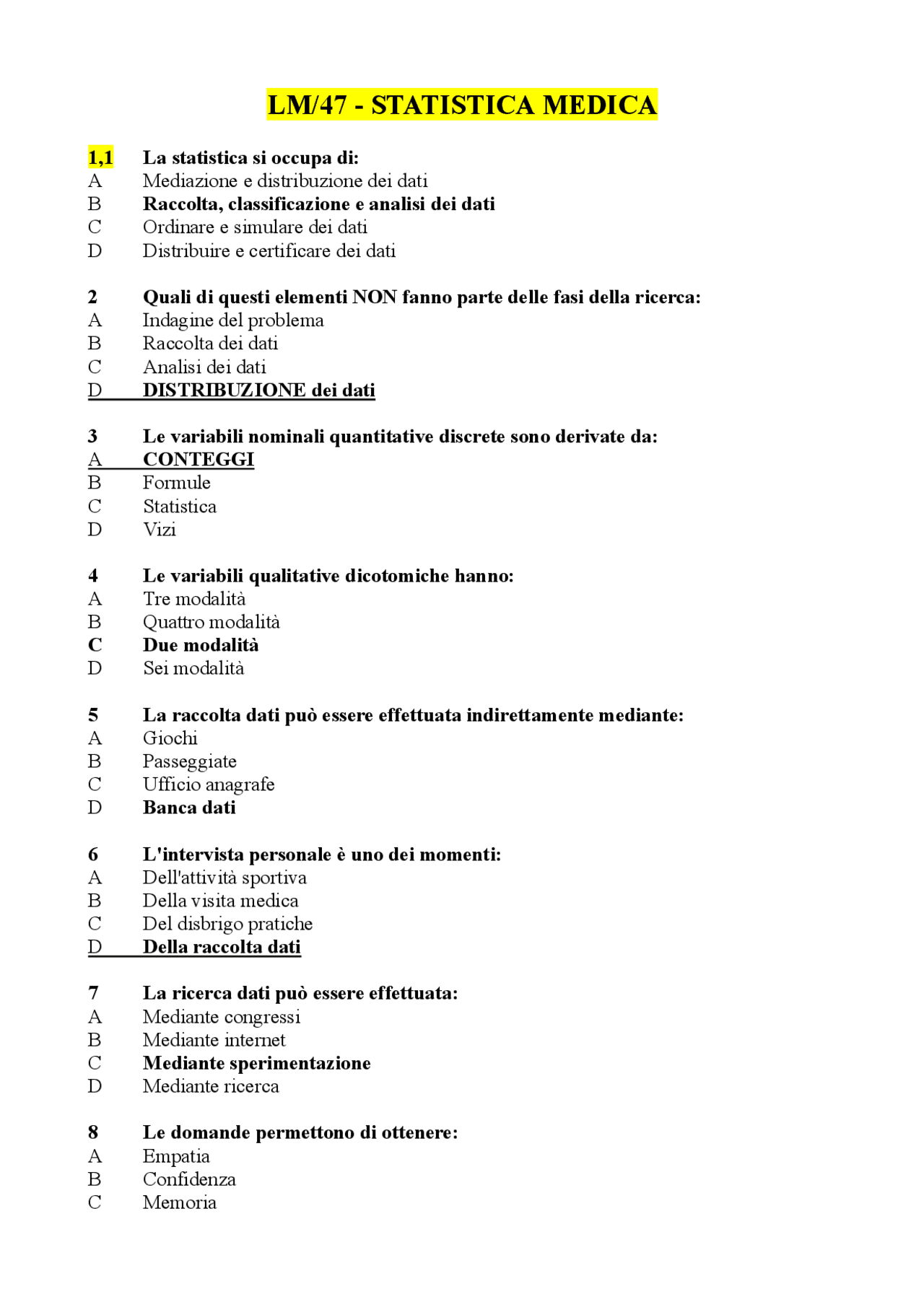 Statistica Medica Lm47 Prove Desame Di Statistica Docsity