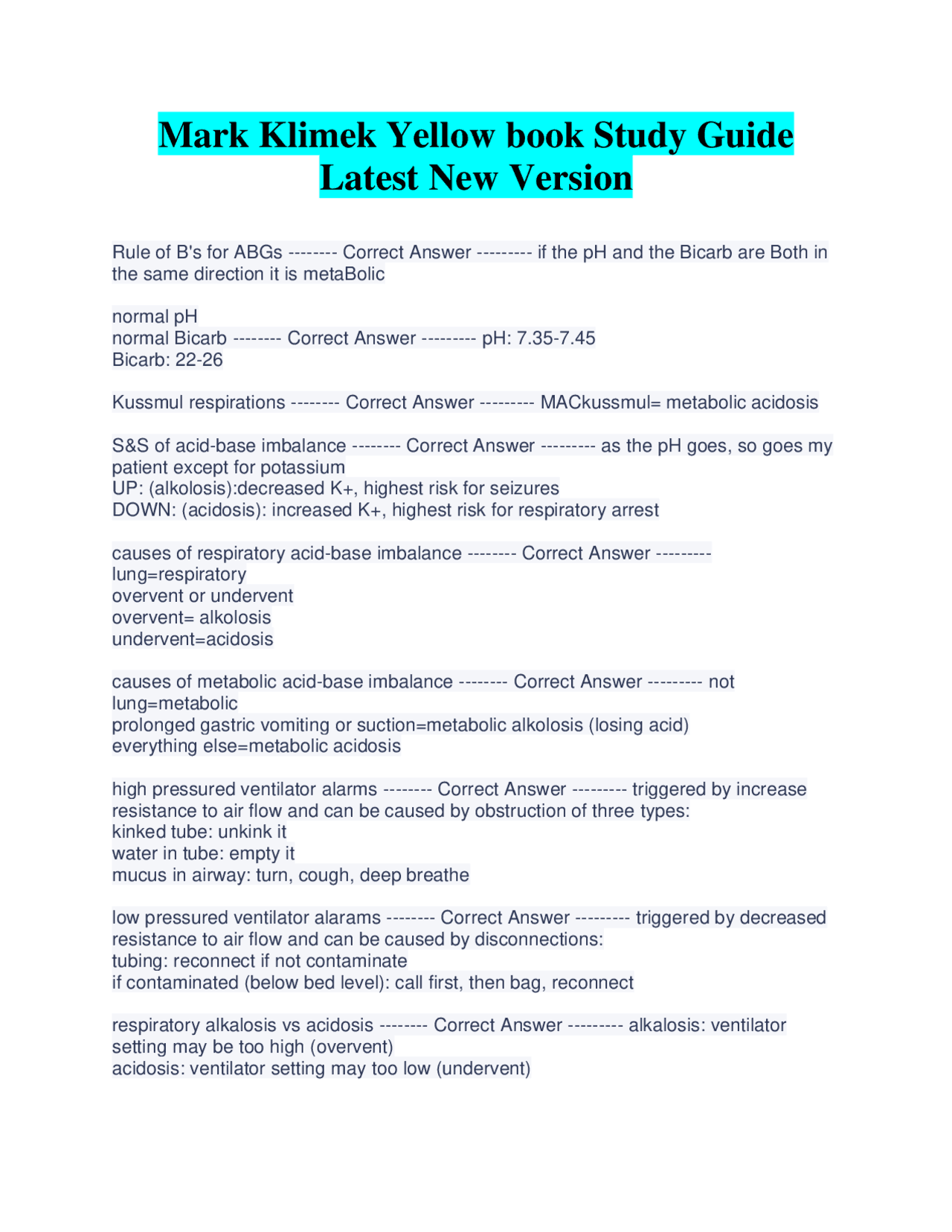 Mark Klimek Yellow book Study Guide Latest New Version | Exams Nursing ...