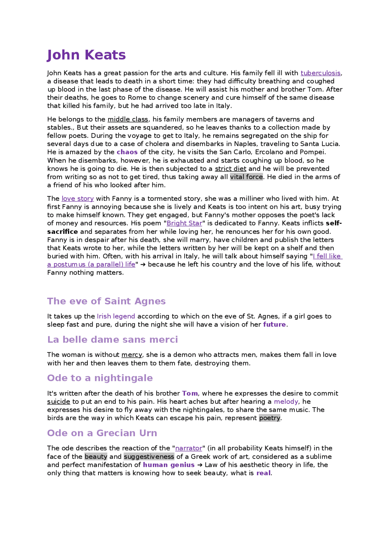 John Keats : summary | Schemi e mappe concettuali di Inglese | Docsity