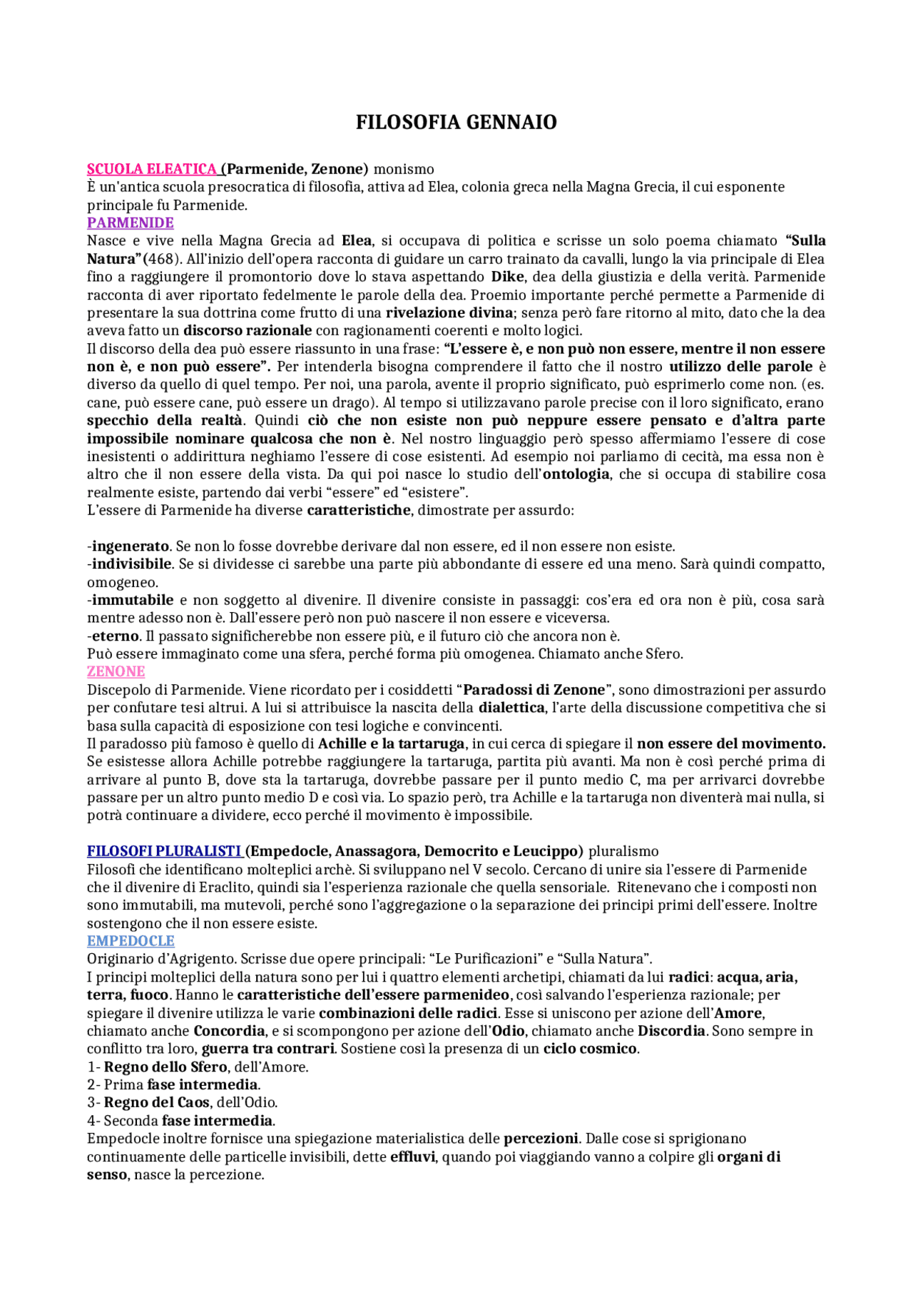 Filosofia. Scuola eleatica (Parmenide e Zenone), filosofi pluralisti e ...