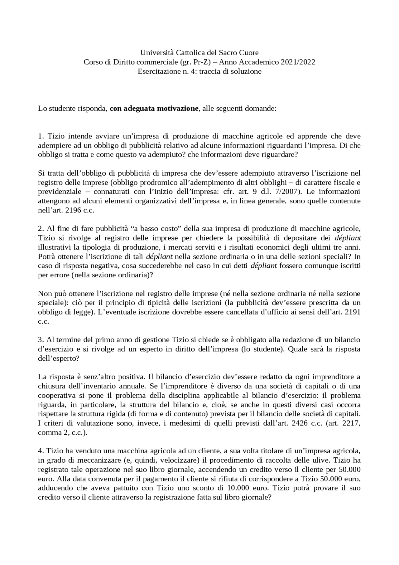 Traccia di soluzione esercizio | Esercizi di Diritto Commerciale | Docsity