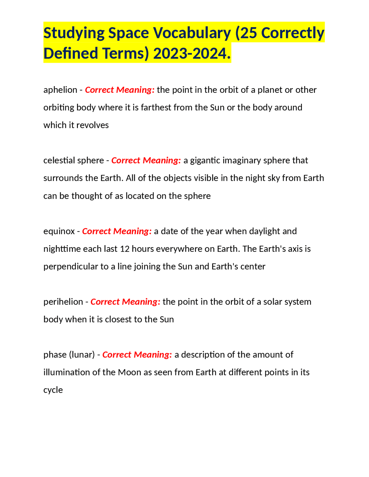 Studying Space Vocabulary (25 Correctly Defined Terms) 2023-2024 ...