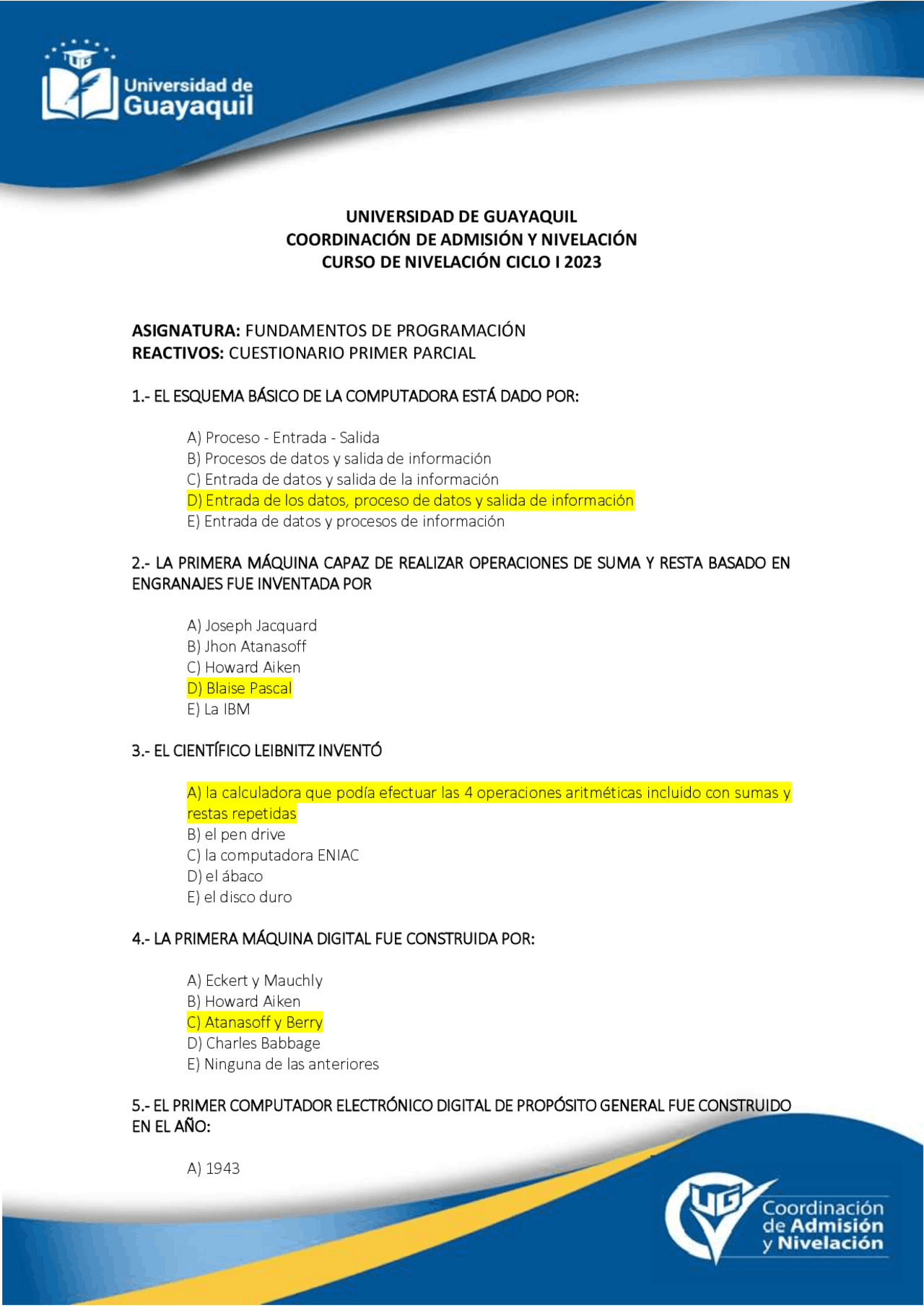 Cuestionario 1p Nivelacion Exámenes De Programación Informática Docsity