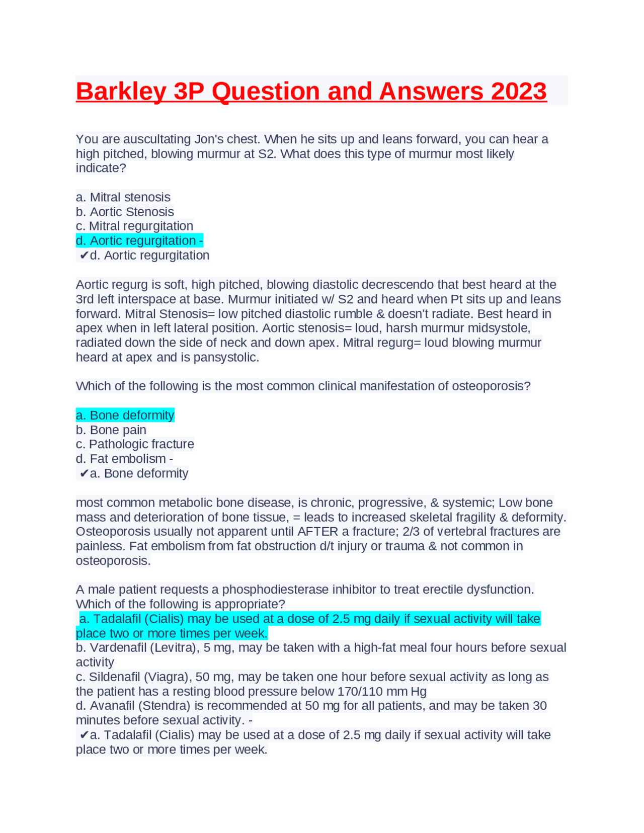 Barkley 3P Question and Answers 2023 | Exams Nursing | Docsity