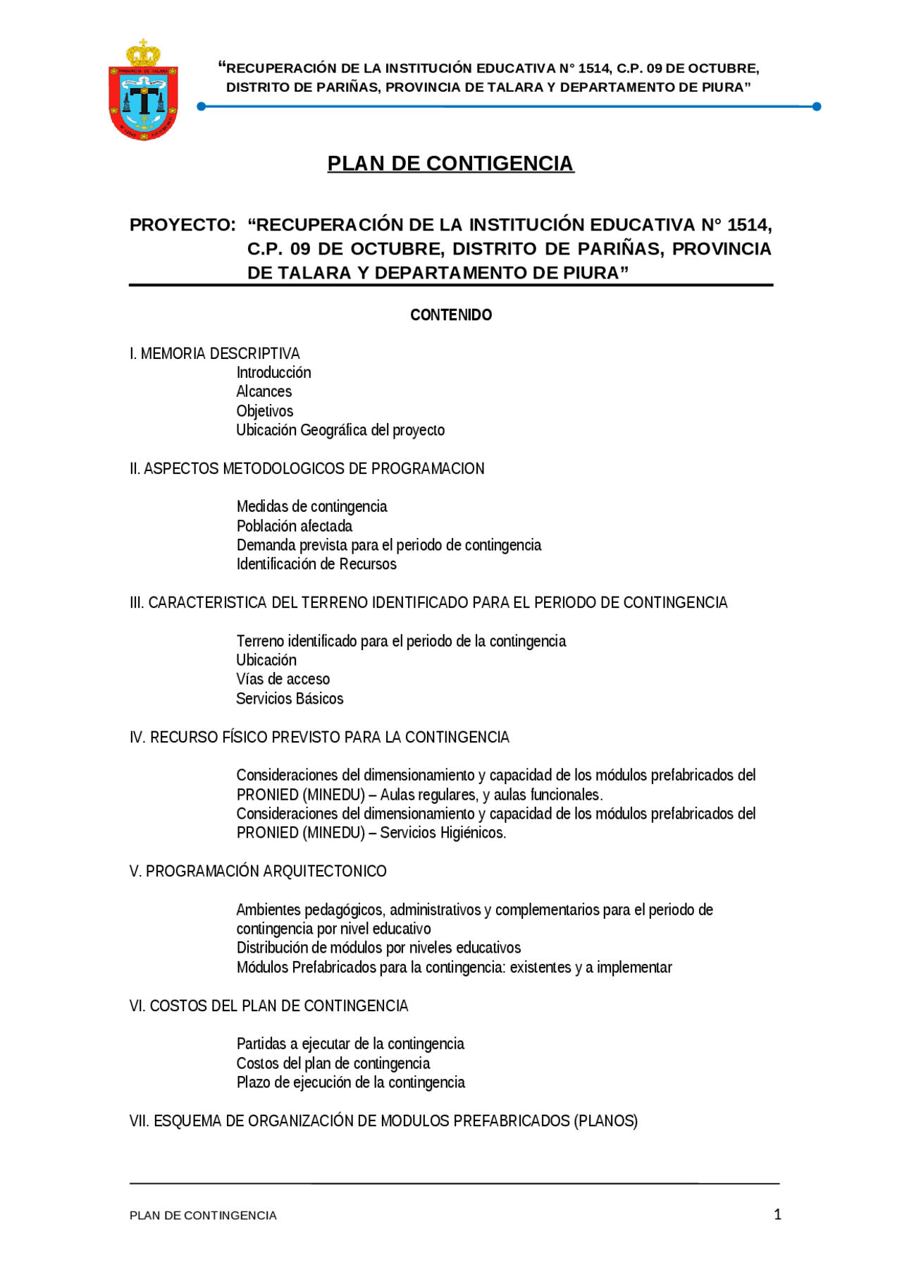 PLAN DE CONTINGENCIA | Monografías, Ensayos de Planeamiento urbanístico | Docsity