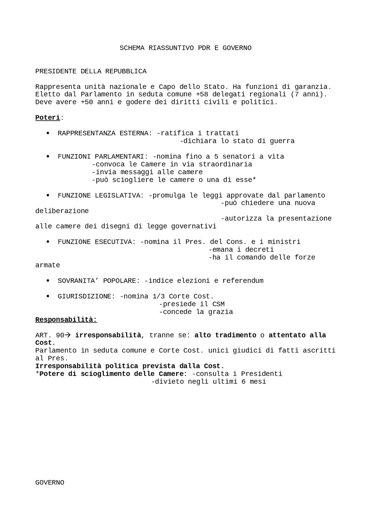 Schema Riassuntivo Sul Pdr E Sul Governo Appunti Di Diritto