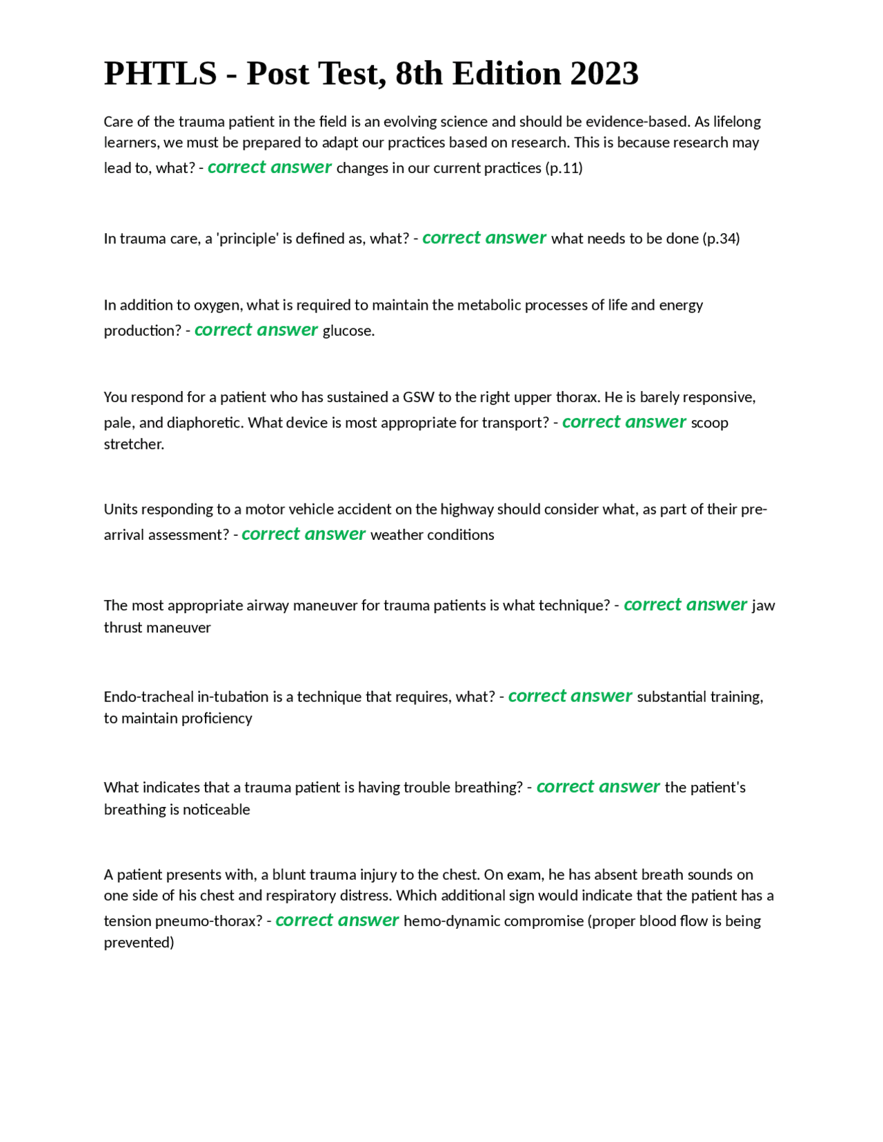 PHTLS - Post Test, 8th Edition 2023.docx | Exams Nursing | Docsity