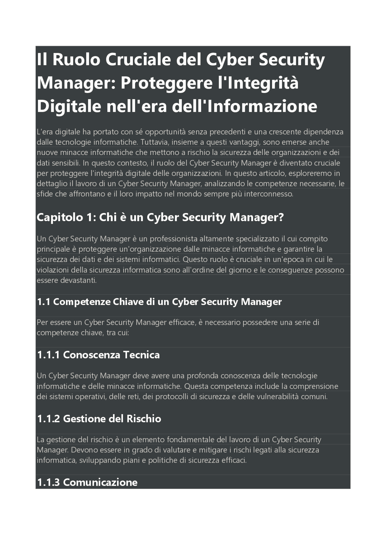 Il Ruolo Cruciale del Cyber Security Manager | Schemi e mappe concettuali di Informatica | Docsity