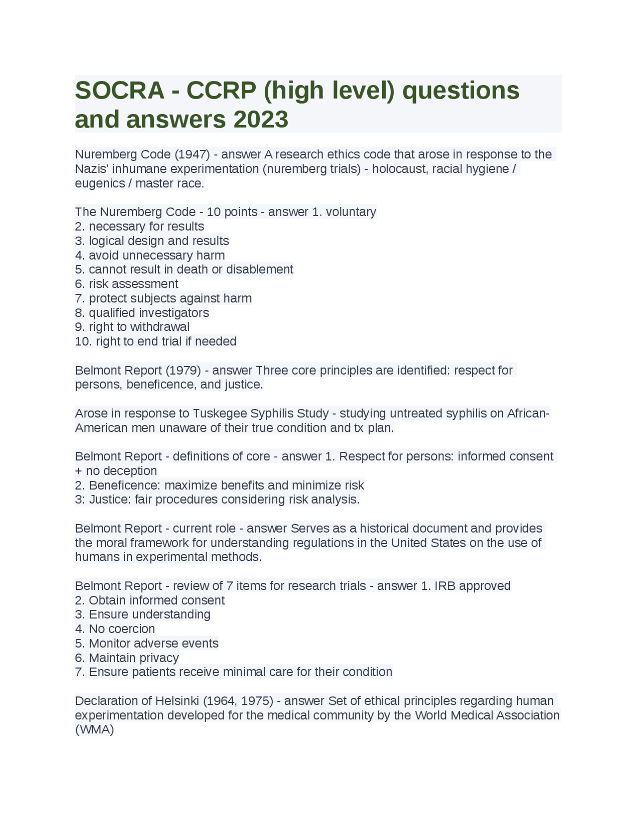 SOCRA - CCRP (High Level) Questions and Answers 2023 | Exams Nursing ...