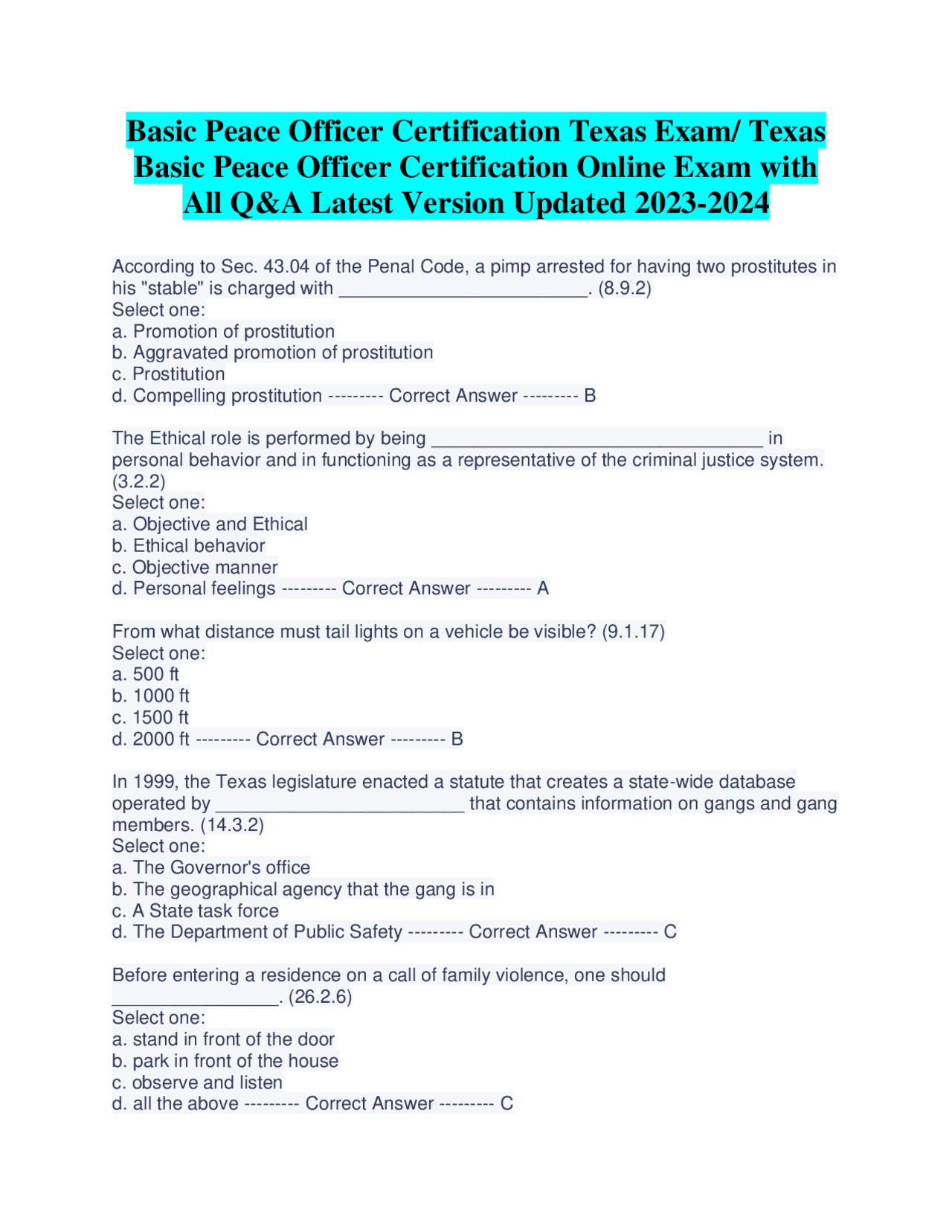Basic Peace Officer Certification Texas Exam/ Texas Basic Peace Officer ...