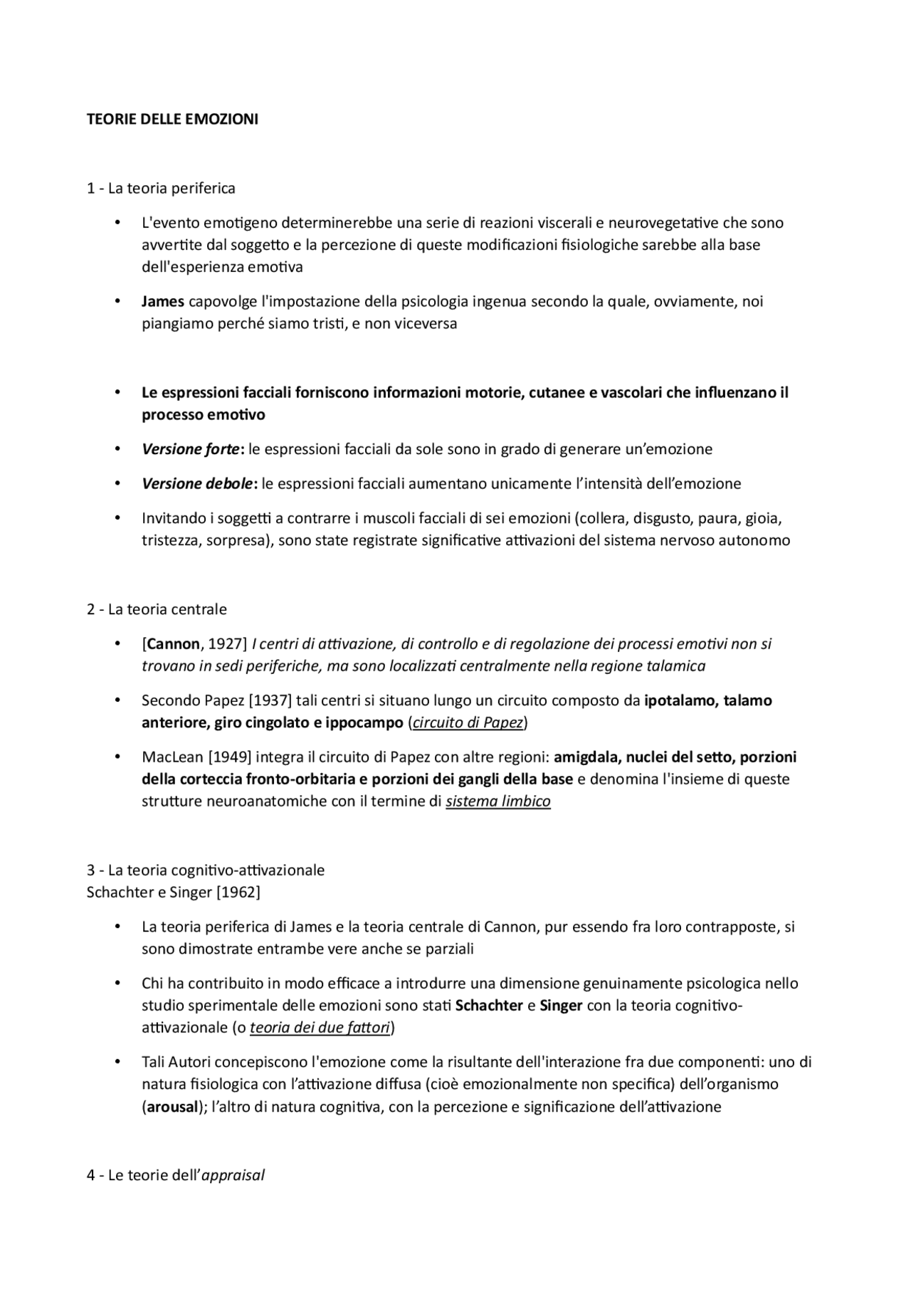 TEORIE DELLE EMOZIONI | Schemi e mappe concettuali di Didattica Pedagogica | Docsity
