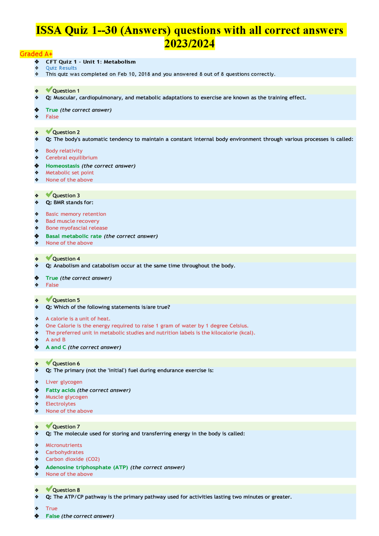 ISSA Quiz 1--30 (Answers) questions with all correct answers 2023/2024 ...