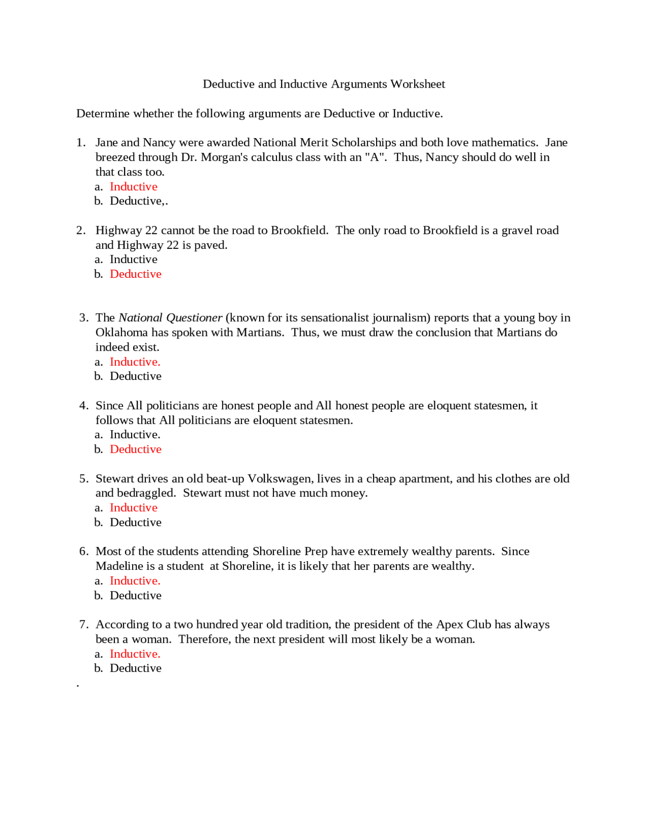Deductive Or Inductive Exercises Logic Docsity