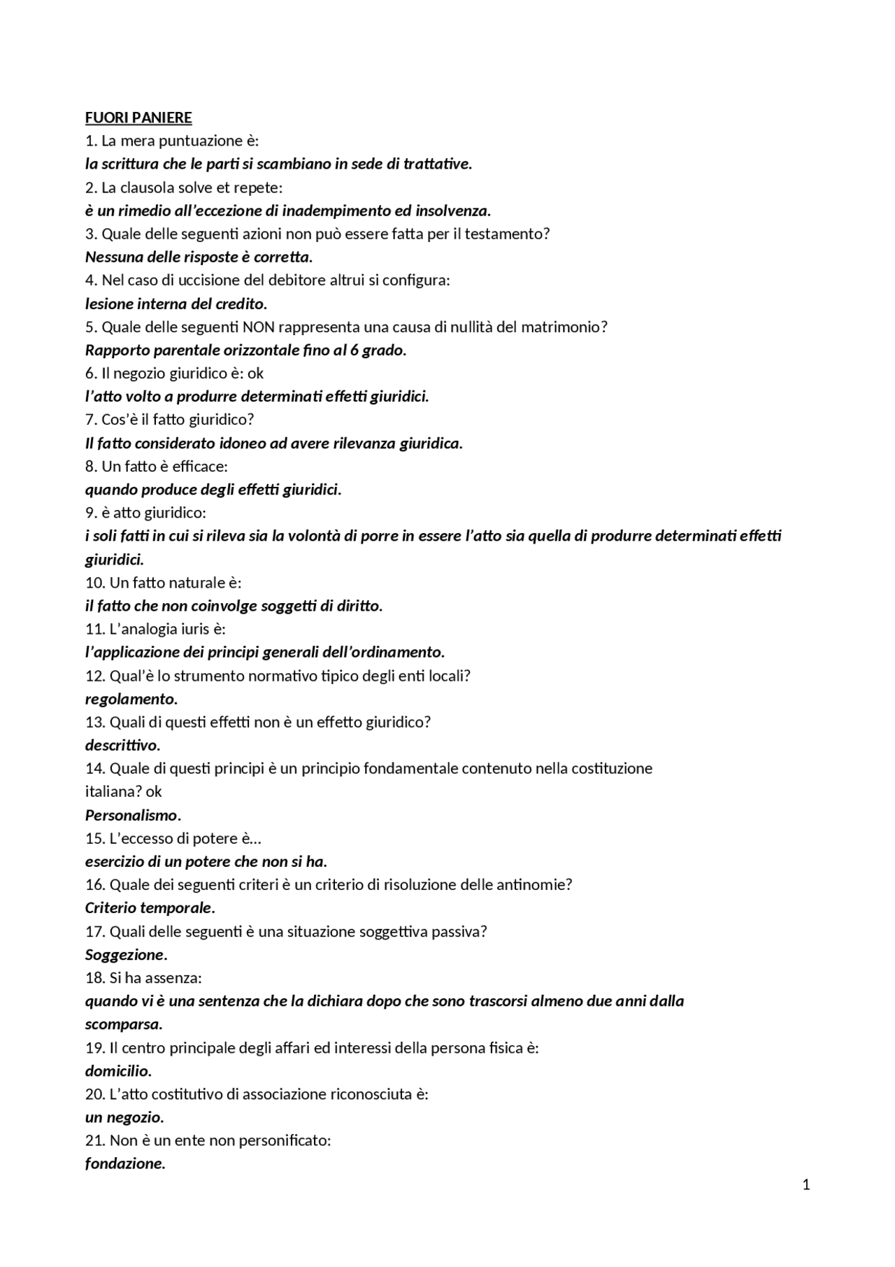 Domande fuori paniere diritto privato | Panieri di Diritto Privato | Docsity