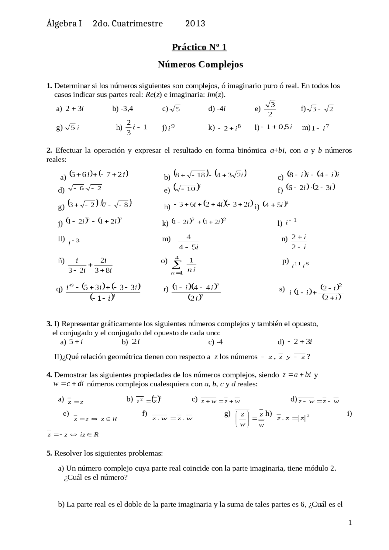 Trabajo Practico Números complejos, operaciones básicas | Ejercicios de Matemáticas | Docsity