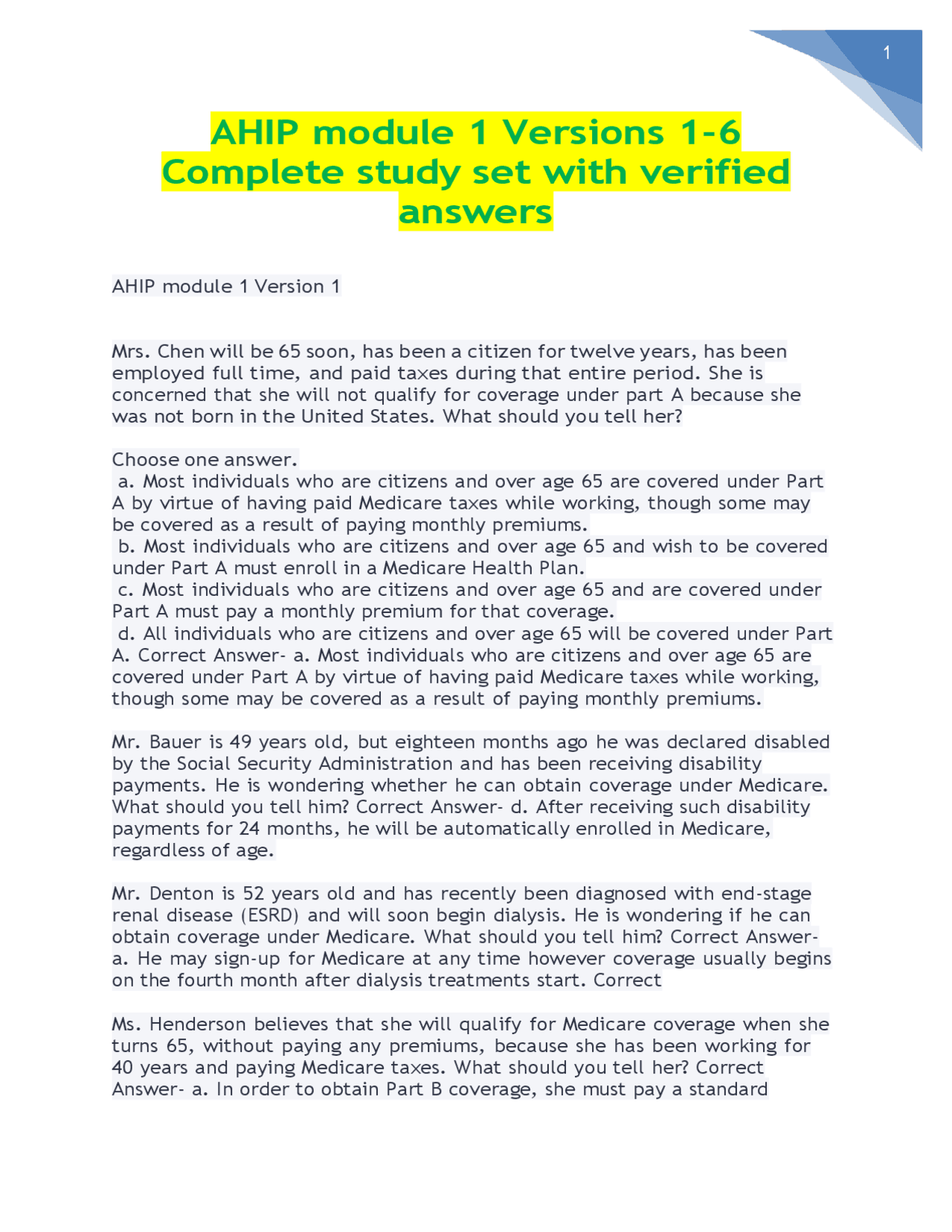 AHIP module 1 Versions 1-6 Complete study set with verified answers 100% | Exams Nursing | Docsity