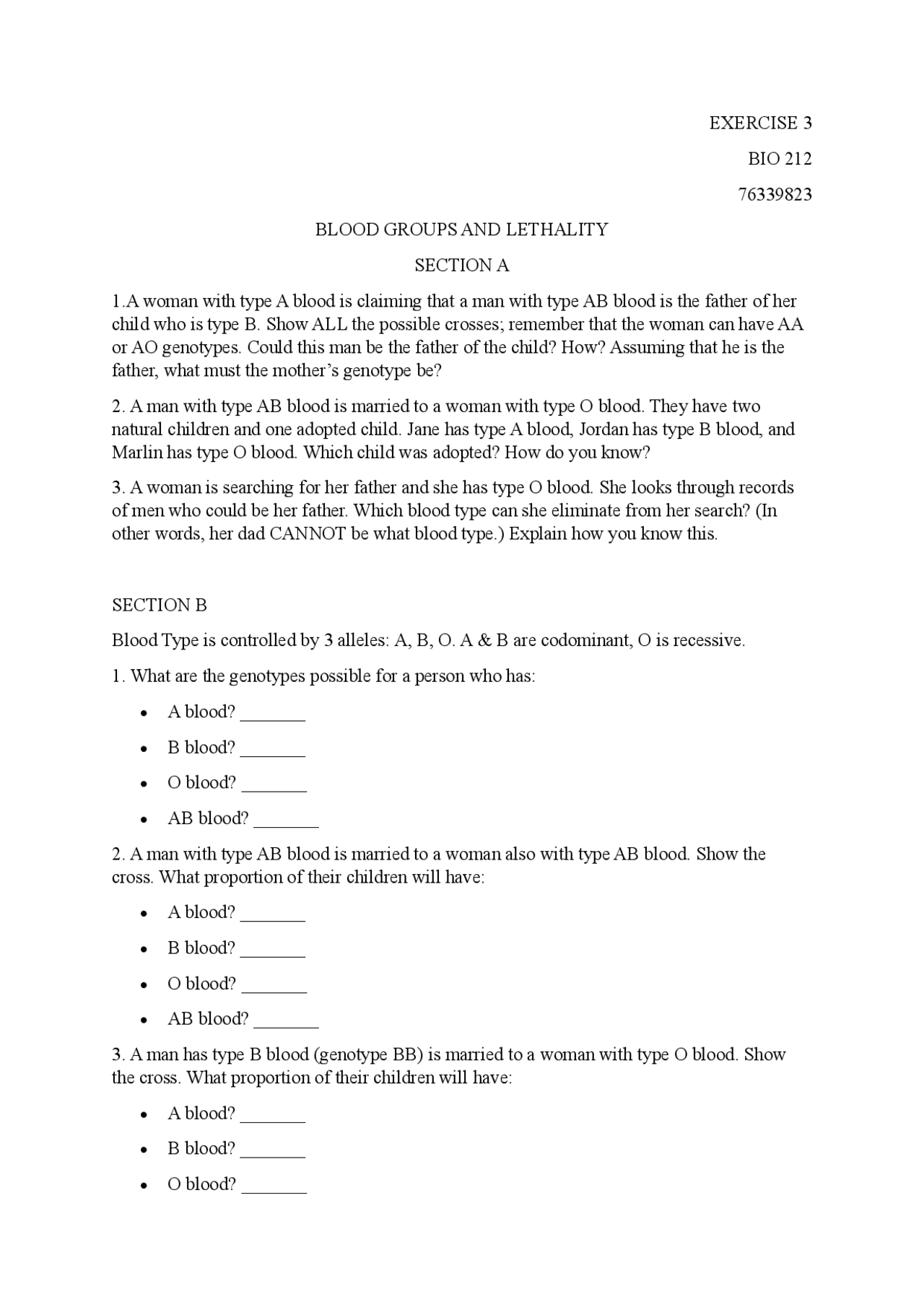 Genetics blood groups | Exercises Biology | Docsity