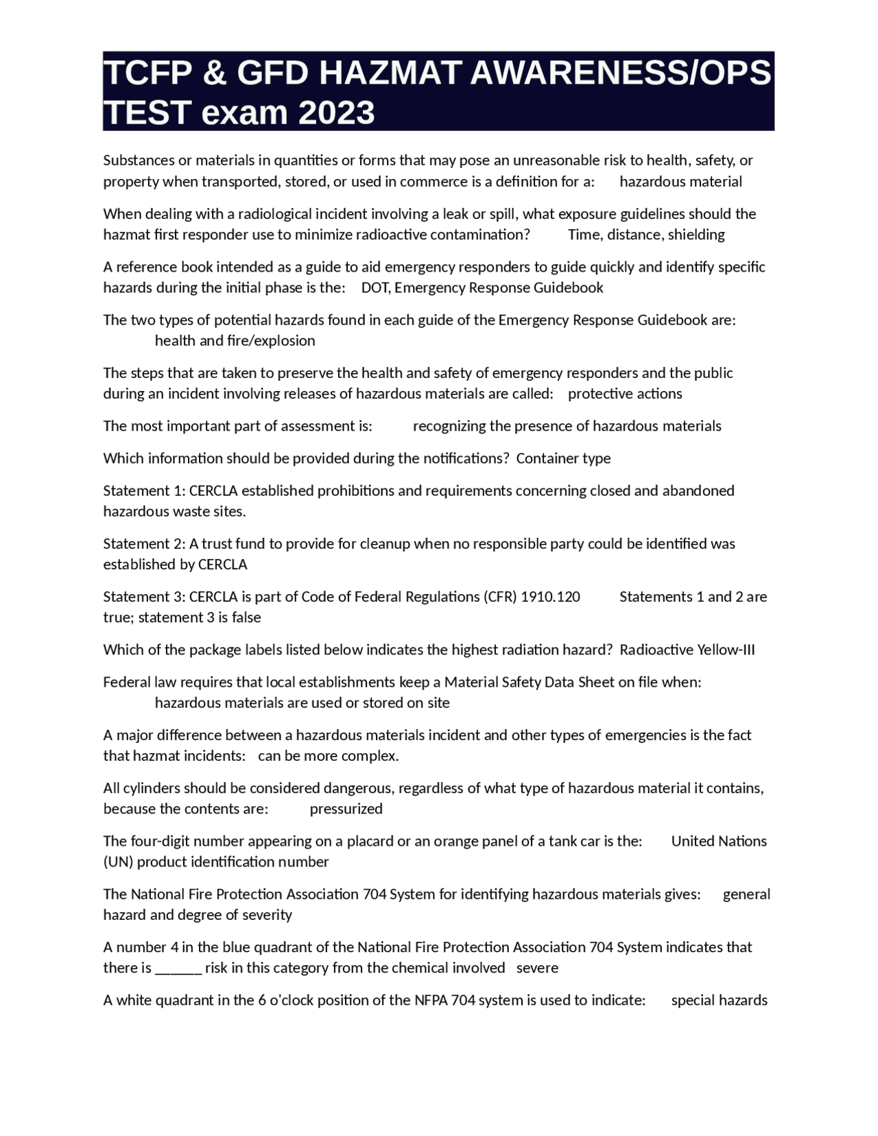 TCFP & GFD HAZMAT AWARENESS(OPS) TEST exam 2023.docx | Exams Nursing ...