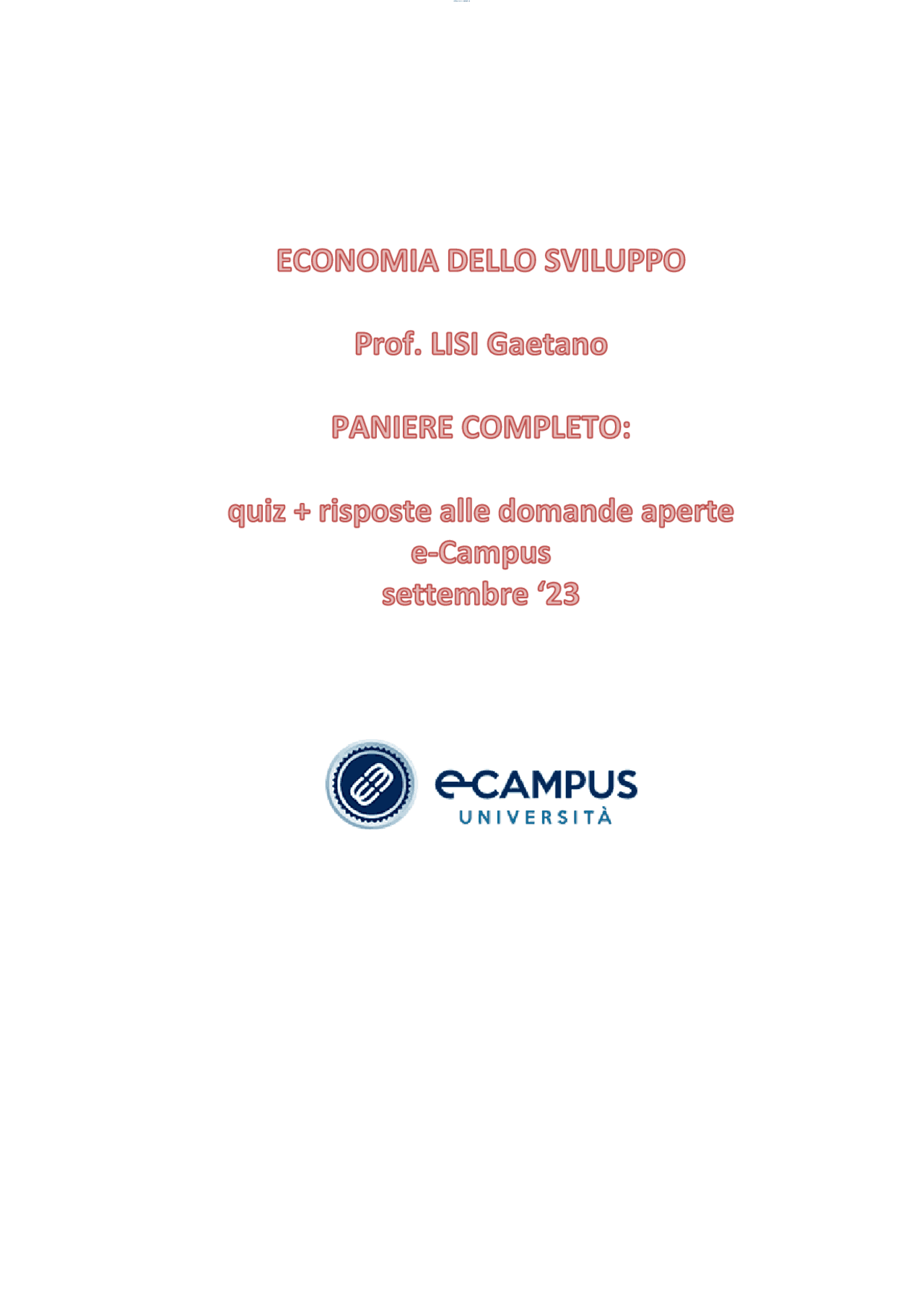 Paniere Economia dello Sviluppo prof Lisi Completo | Panieri di Economia Dello Sviluppo | Docsity