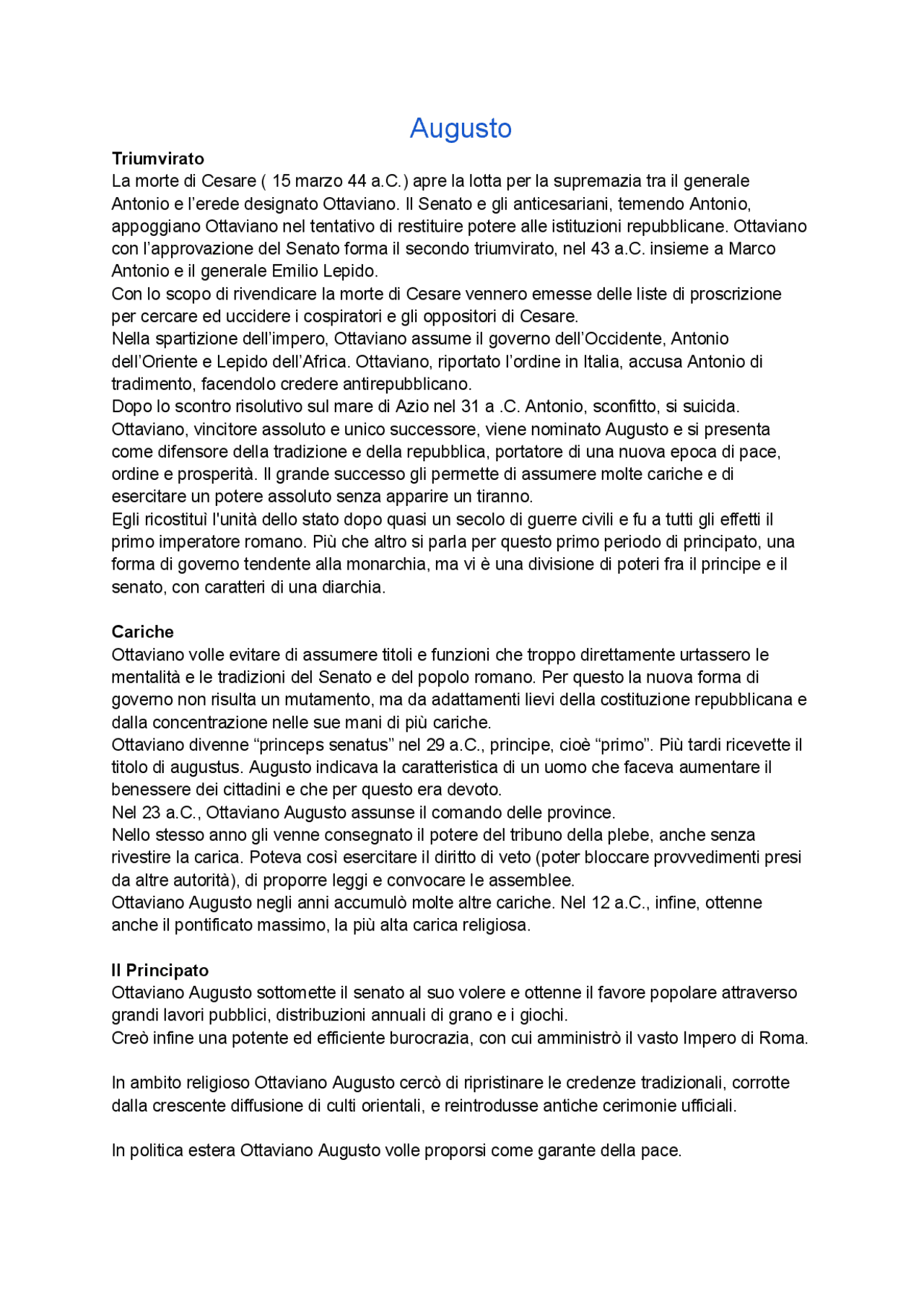 Piccolo Riassunto Dove Riprende Le Parti Piu Importanti Su Augusto