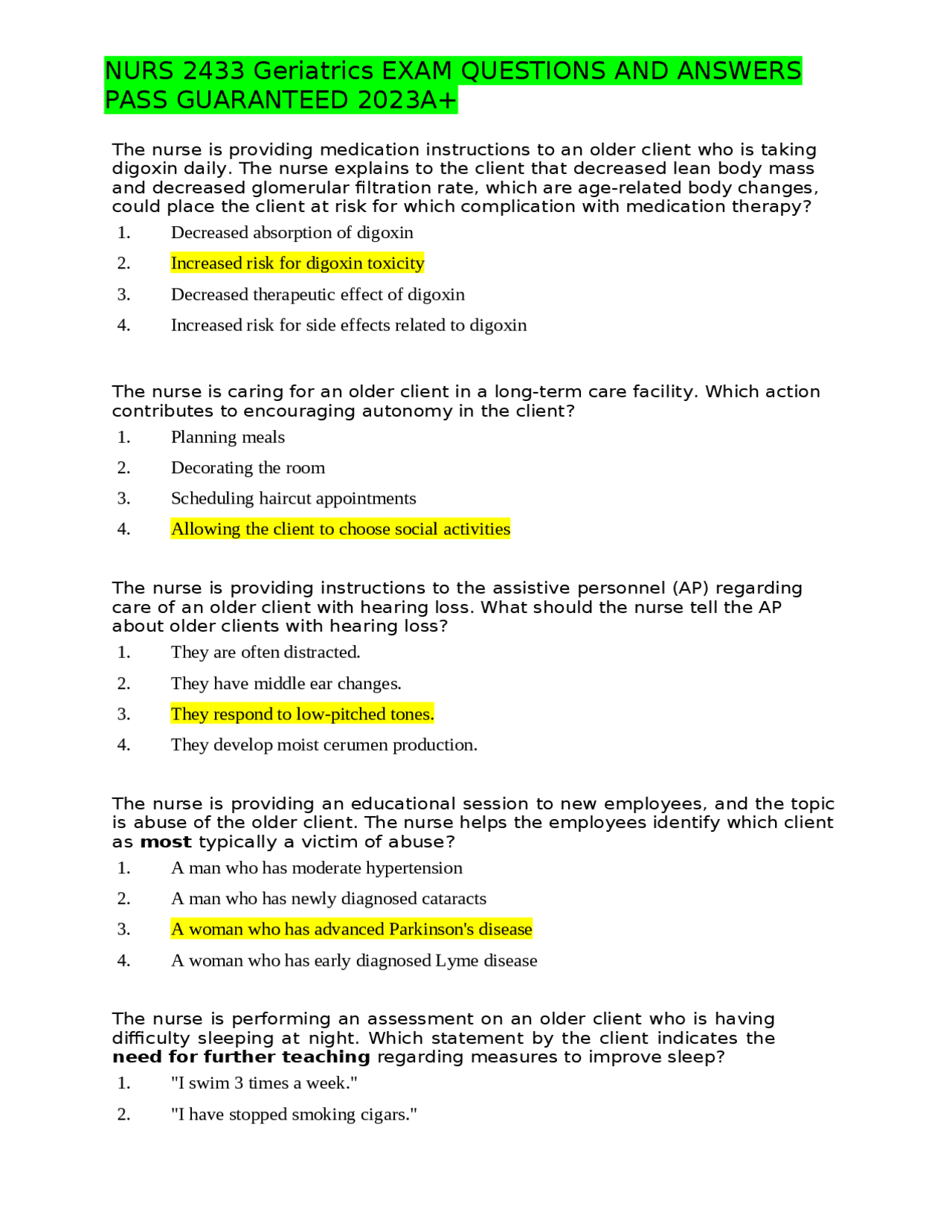 NURS 2433 Geriatrics EXAM QUESTIONS AND ANSWERS PASS GUARANTEED 2023A ...