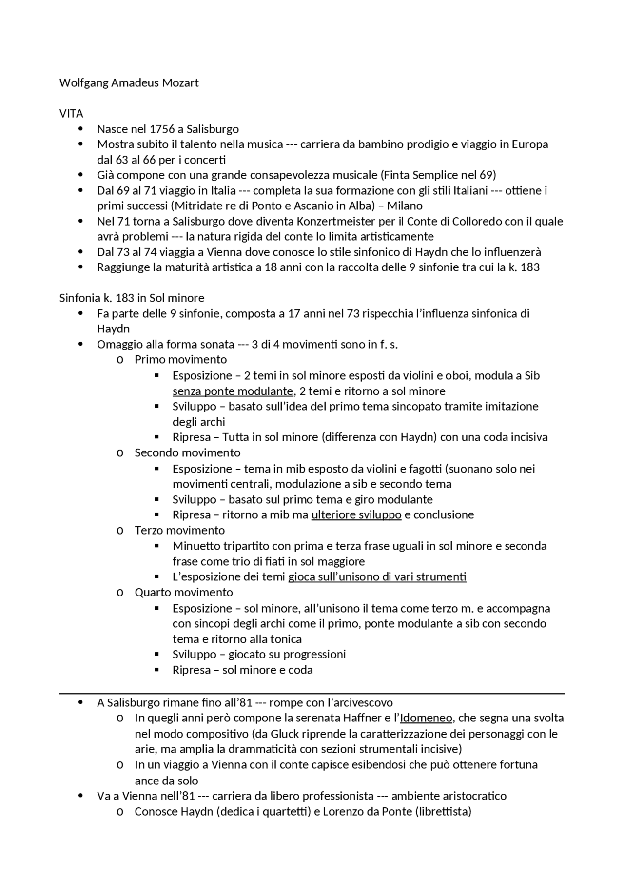 Wolfgang Amadeus Mozart | Schemi e mappe concettuali di Storia della musica | Docsity