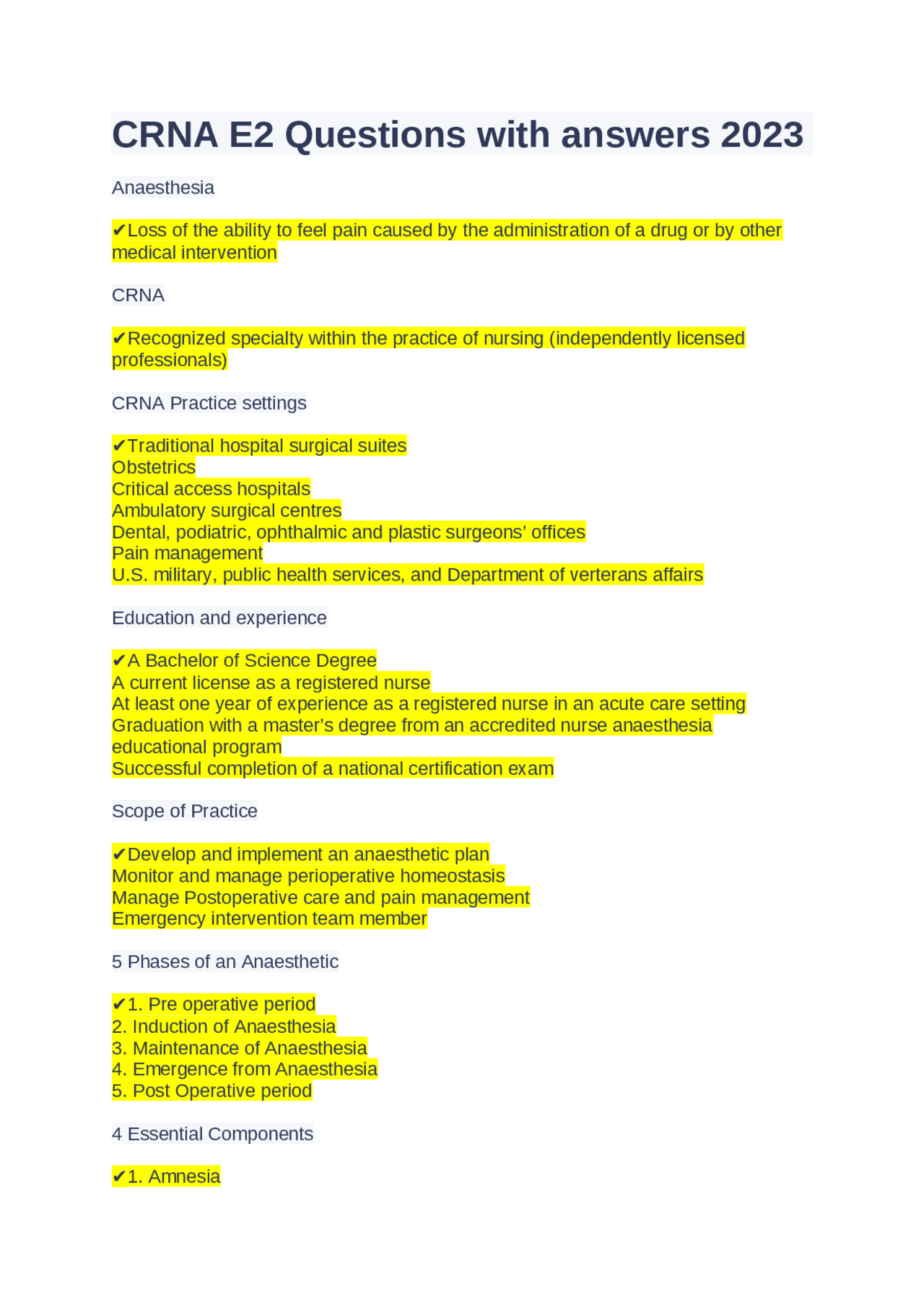 CRNA E2 Questions with answers 2023 | Exams Nursing | Docsity