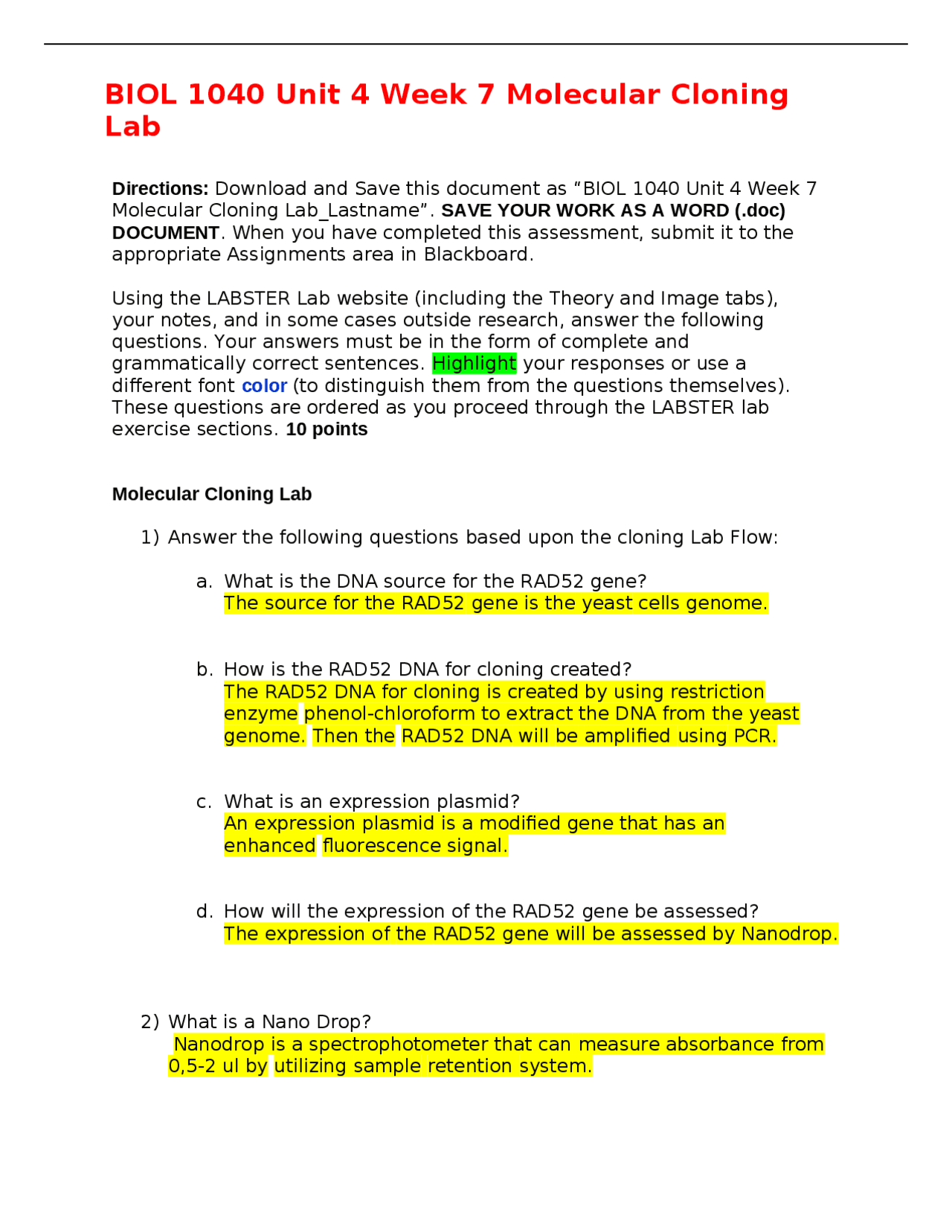 BIOL 1040 Unit 4 Week 7 Molecular Cloning Lab | Exams Biology | Docsity