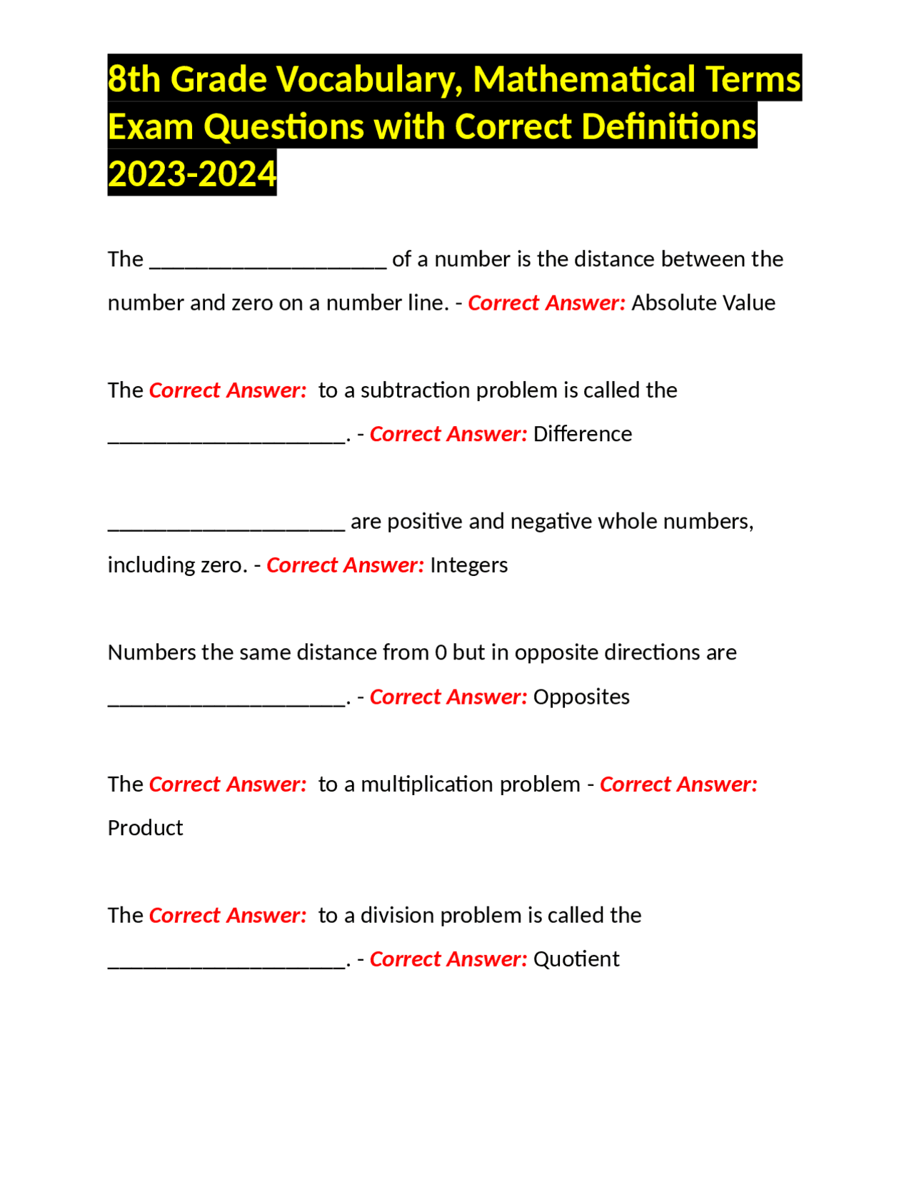 8th Grade Vocabulary, Mathematical Terms Exam Questions with Correct ...