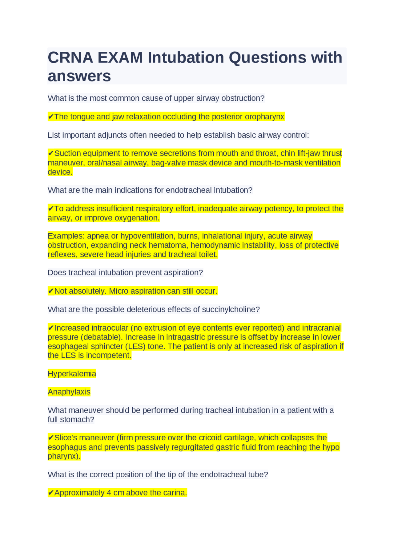 CRNA EXAM Intubation Questions with answers | Exams Nursing | Docsity