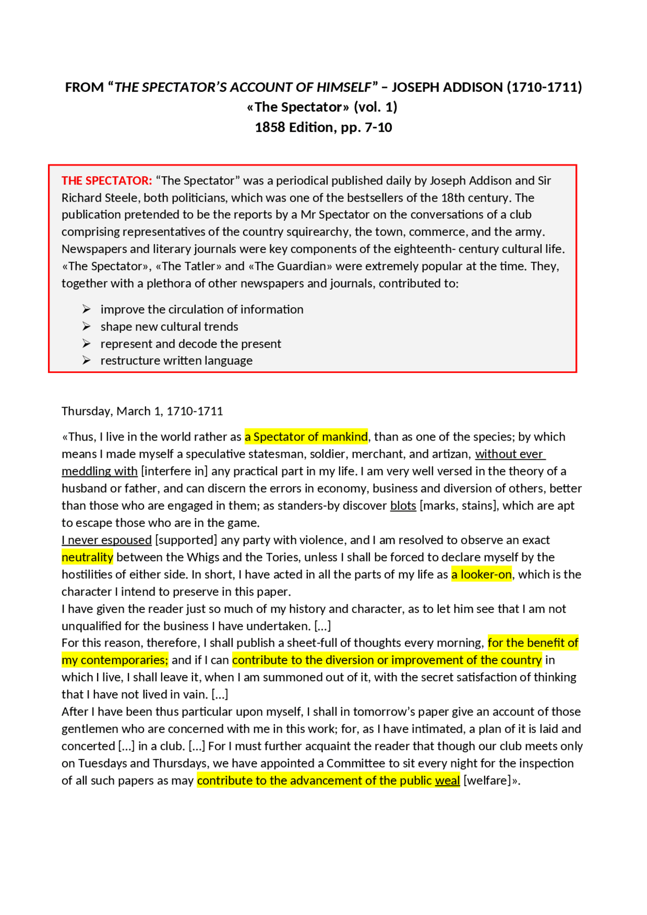 THE SPECTATOR - JOSEPH ADDISON | Appunti di Letteratura Inglese | Docsity