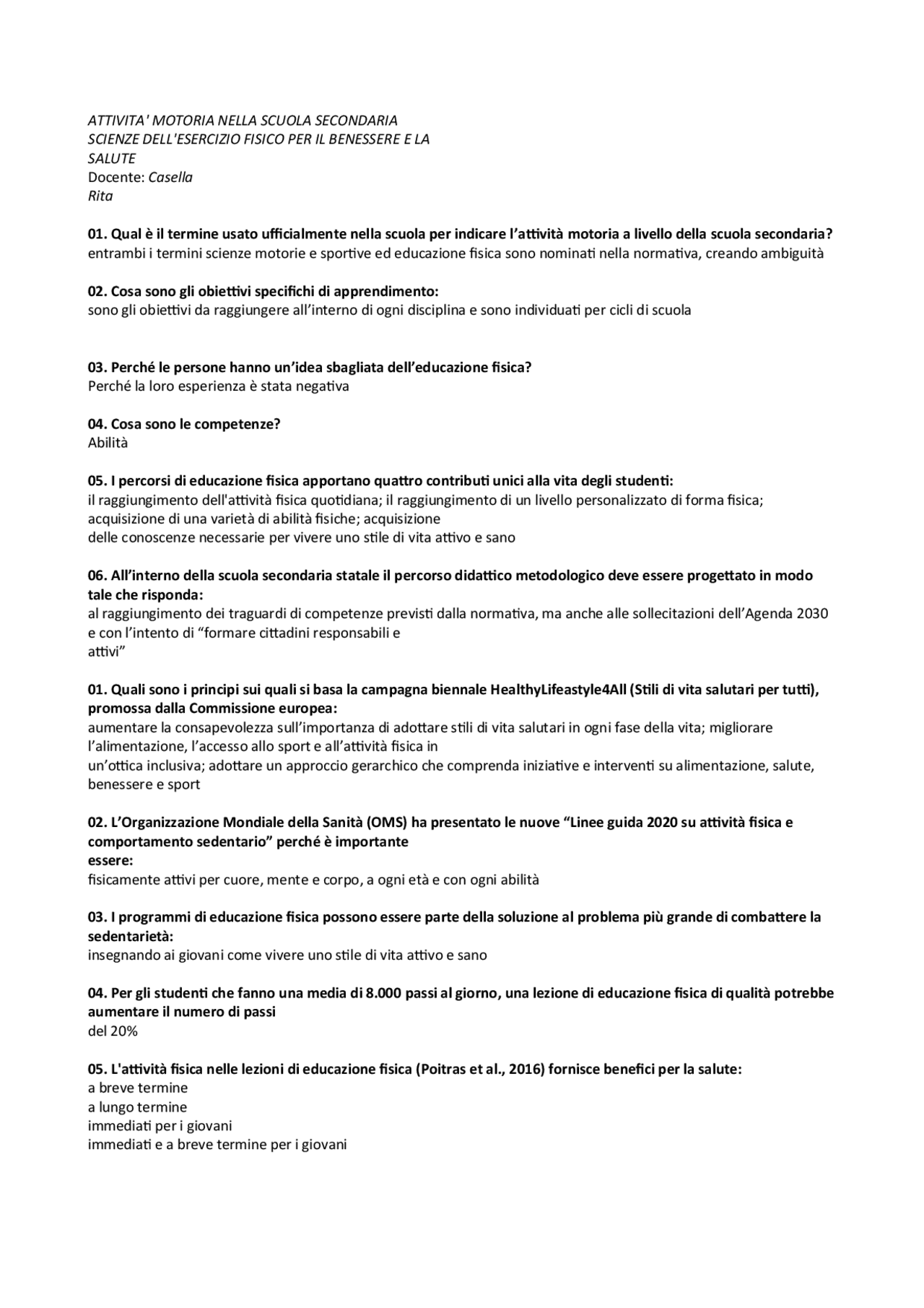 Attività motoria nella scuola secondaria della prof: Casella Rita ...