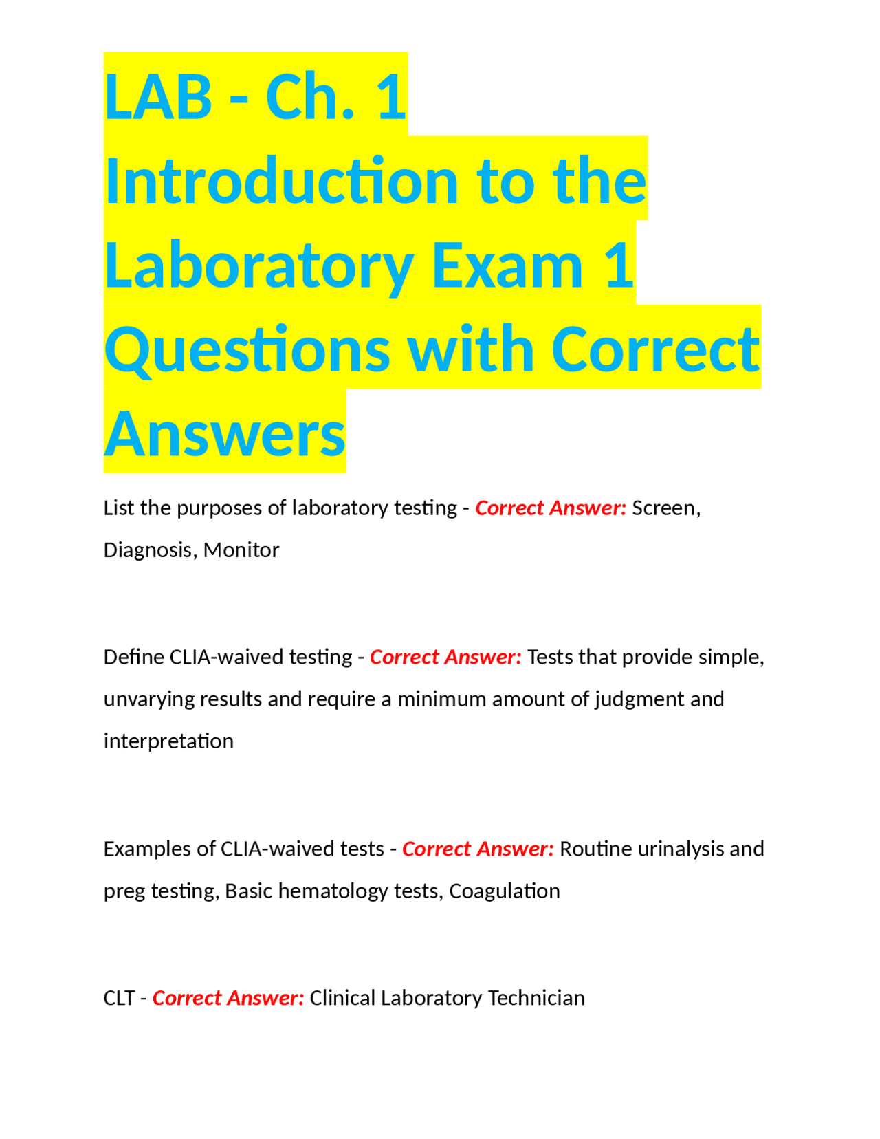 Lab Ch 1 Introduction To The Laboratory Exam 1 Questions With