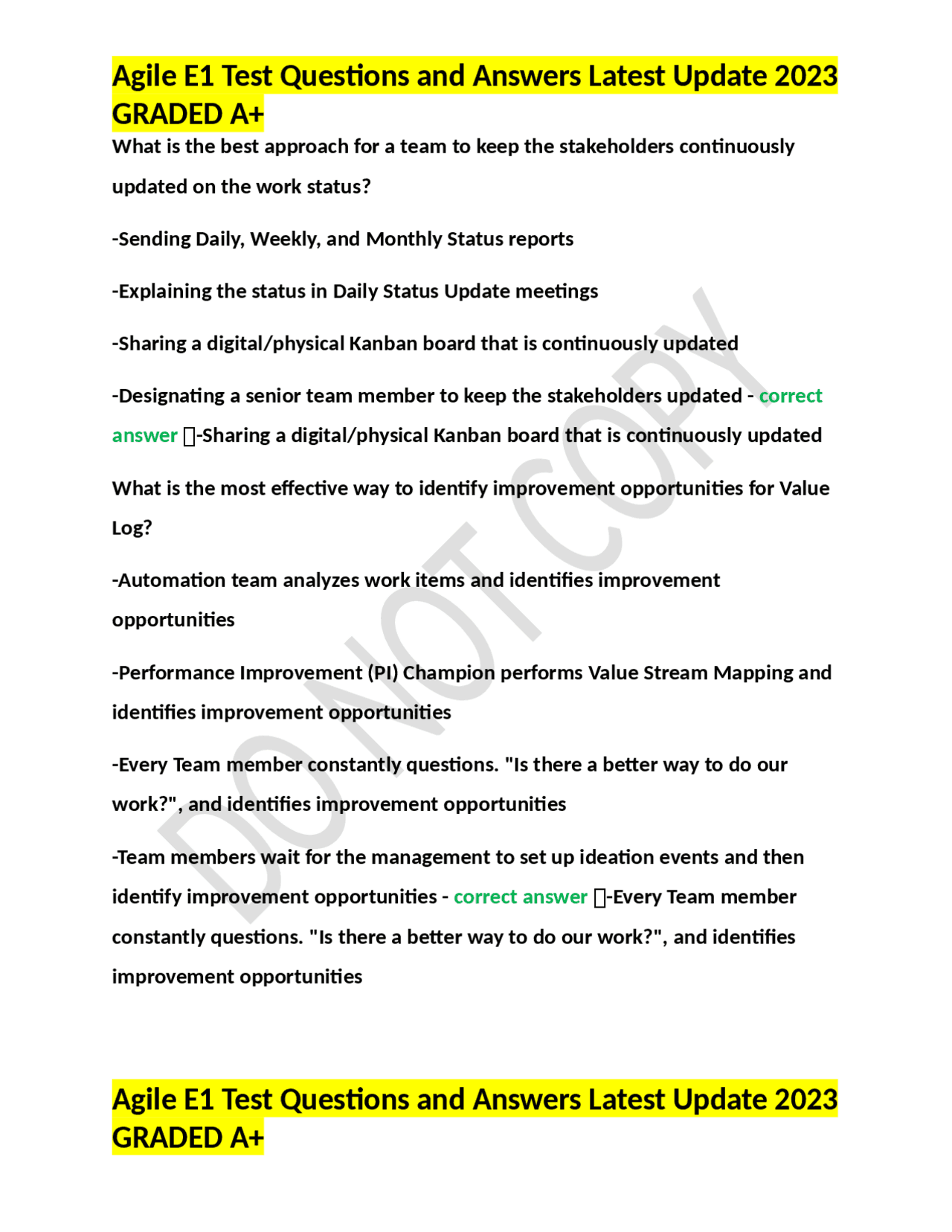 Agile E1 Test Questions and Answers Latest Update 2023 GRADED A+ ...