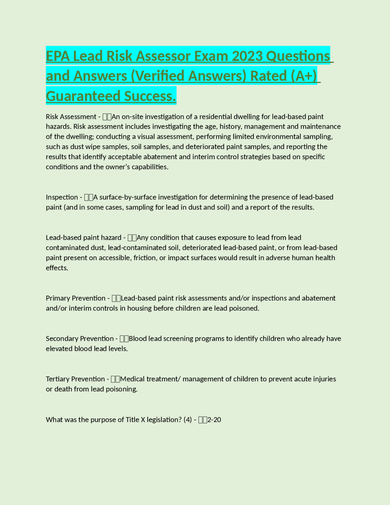 EPA Lead Risk Assessor Exam 2023 Questions and Answers (Verified ...
