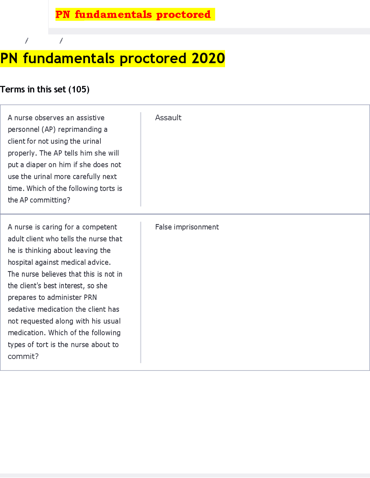 PN fundamentals proctored 2020 | Exams Nursing | Docsity