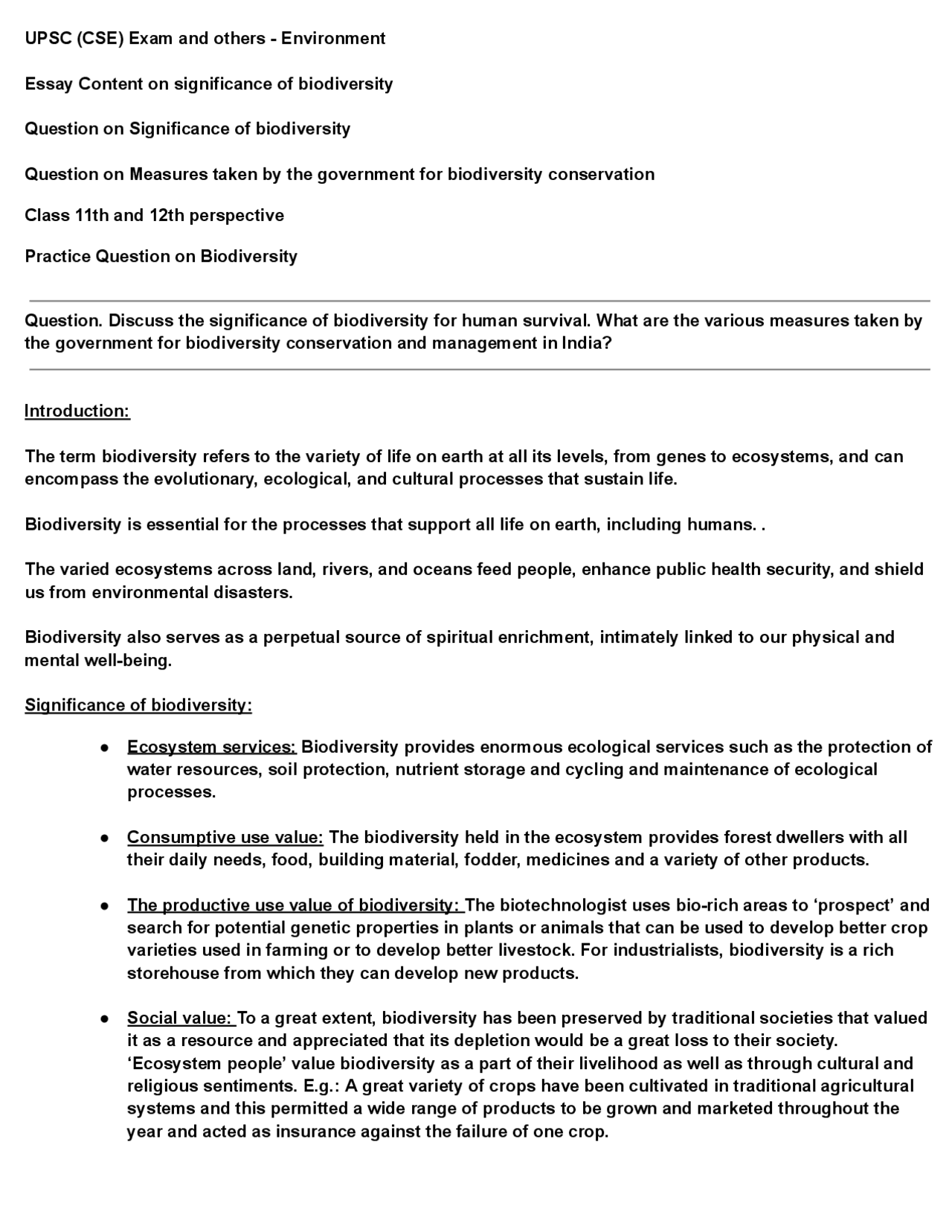 Significance Of Biodiversity Assignments Environmental Science Docsity