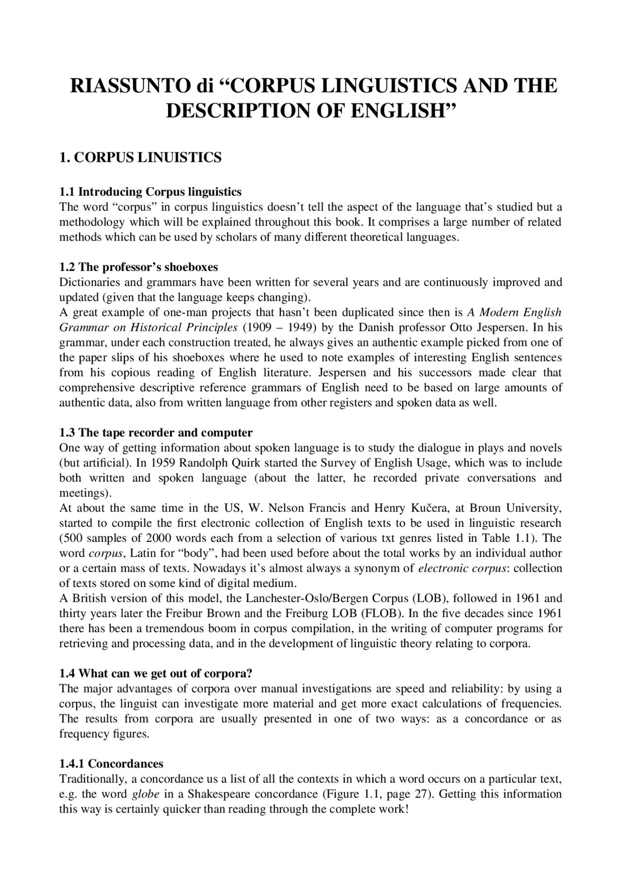 Riassunto del libro “Corpus Linguistics and the Description of English ...