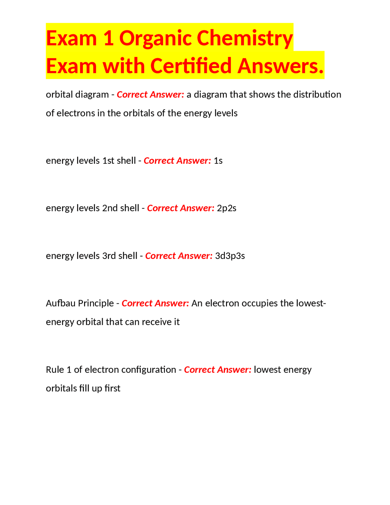 Exam 1 Organic Chemistry Exam with Certified Answers. | Exams Nursing ...