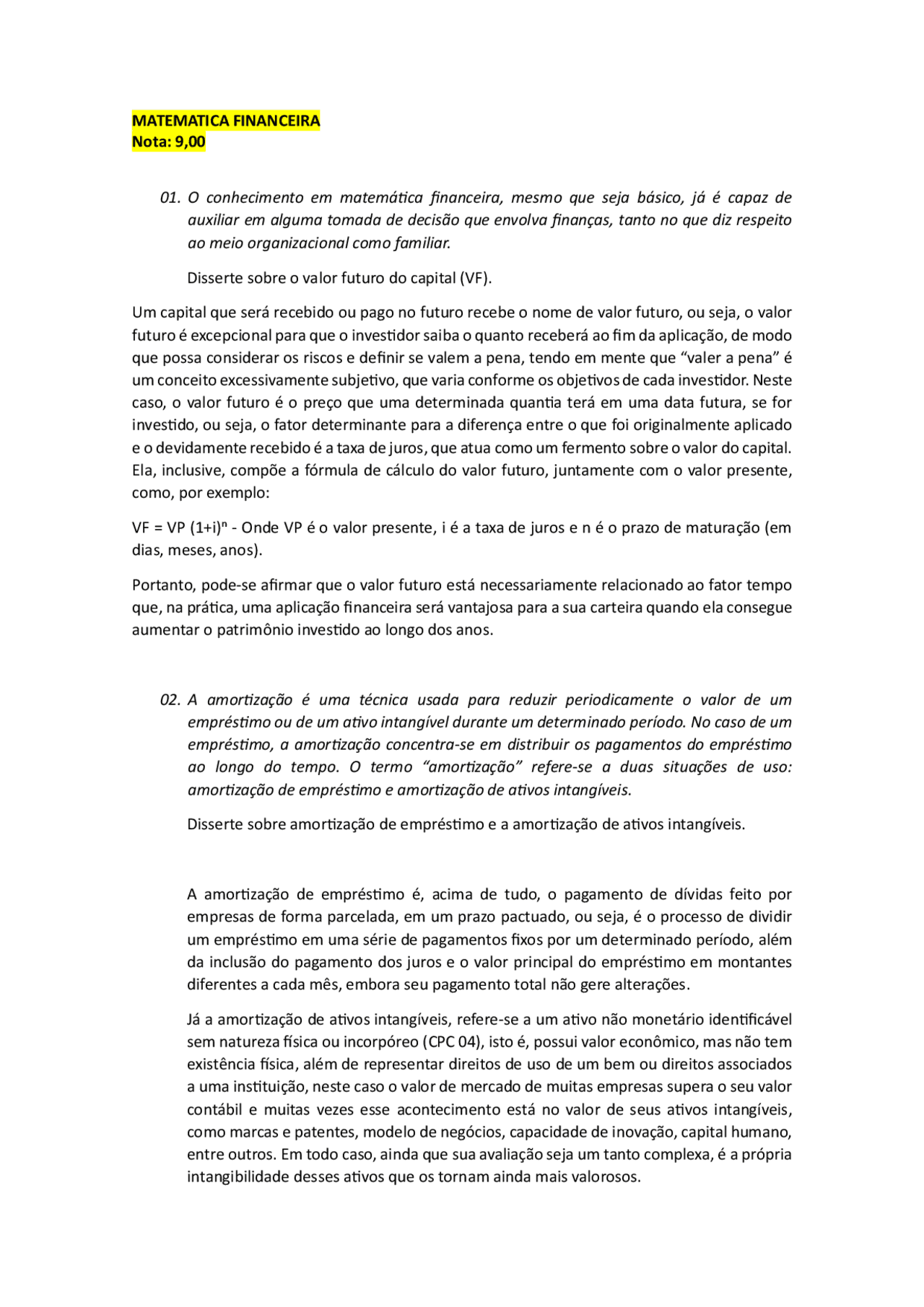 Avaliação Final Discursiva Individual Trabalhos Matemática