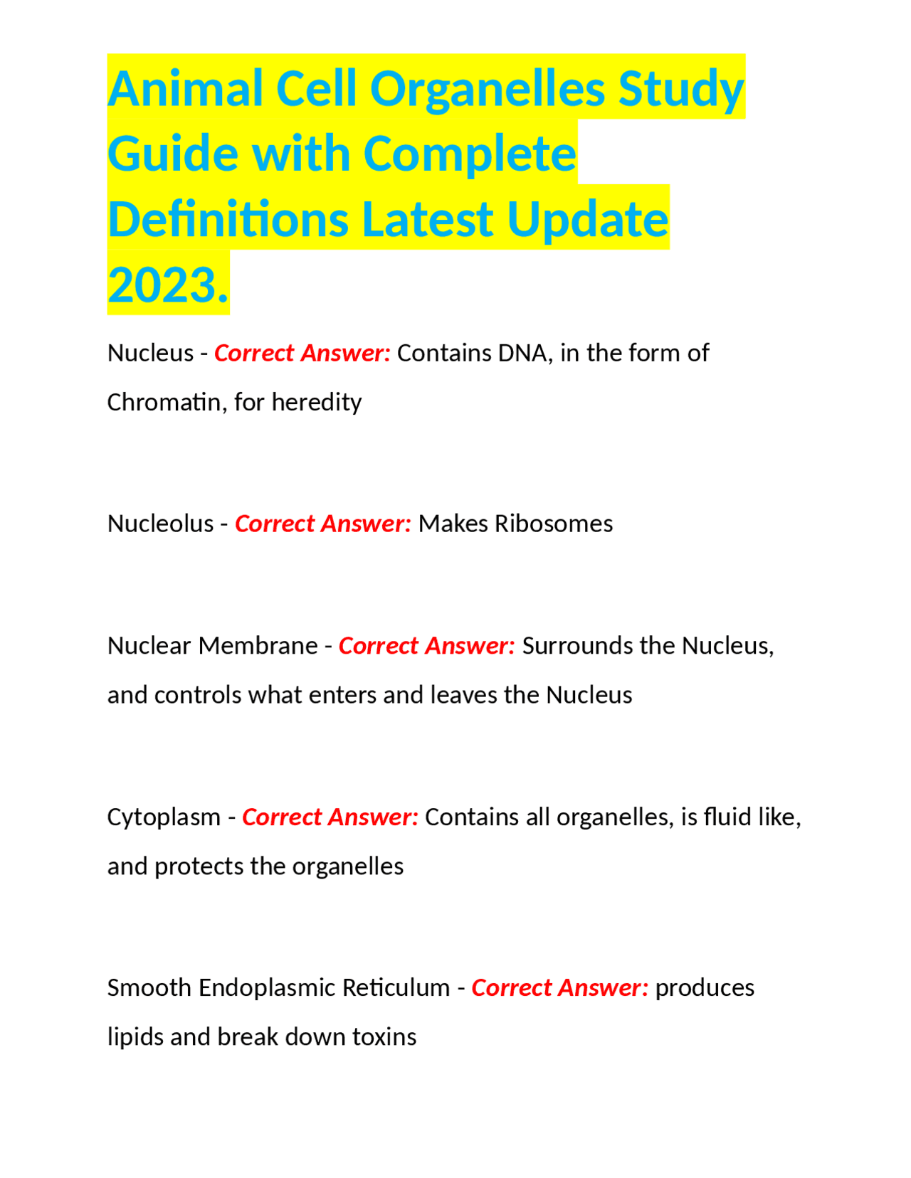 Animal Cell Organelles Study Guide with Complete Definitions Latest ...