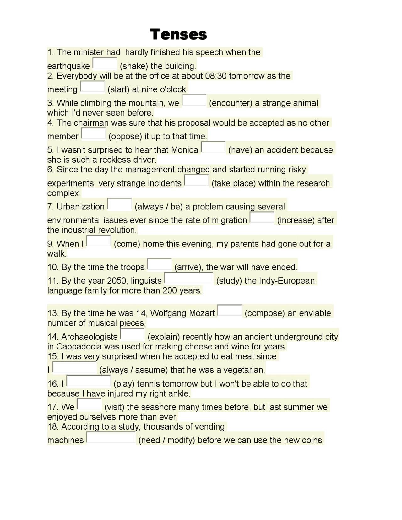 Tenses exercise questions | Schemes and Mind Maps English | Docsity